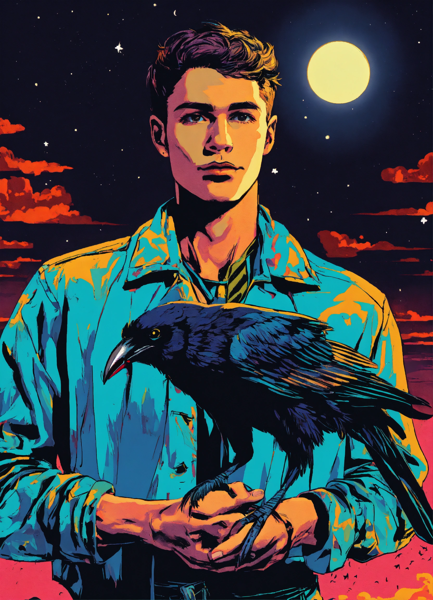 Lexica - Fit young man, holding crow, full moon, pop art