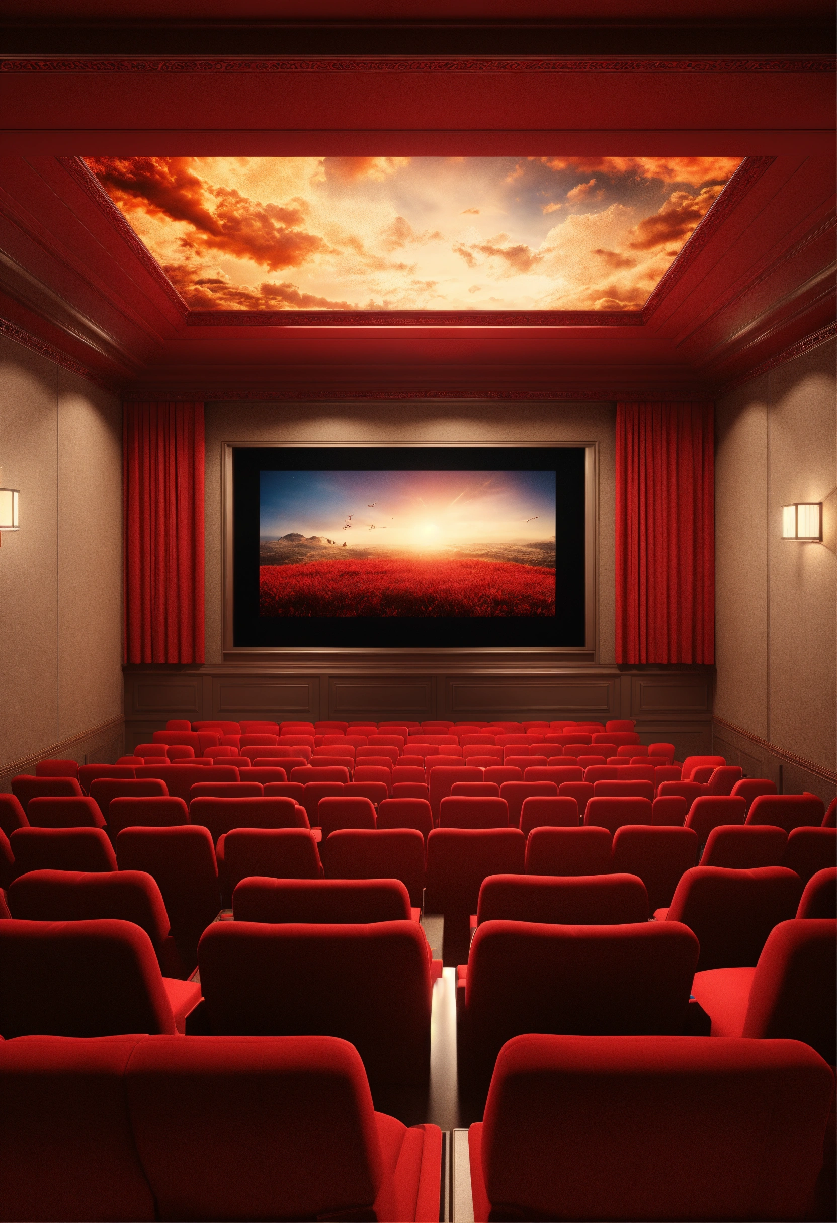 Lexica - Cinema Room with big screen and red seats front screen 3d art