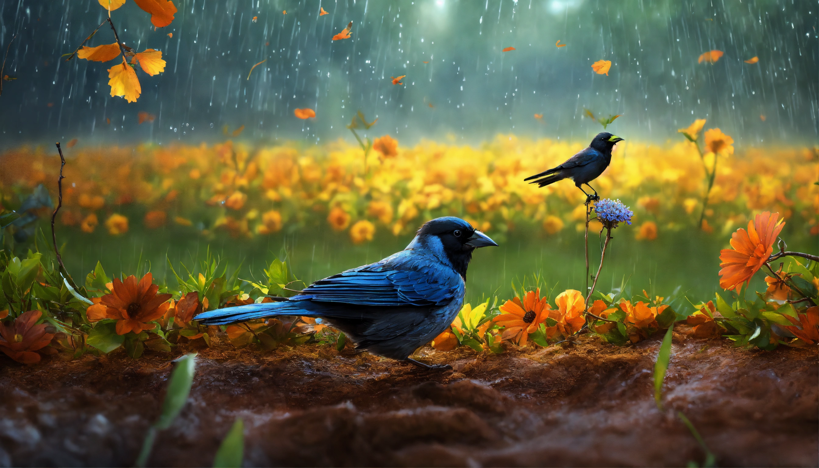 Lexica - "Depict a rainy day when the sparrow encourages the crow to ...