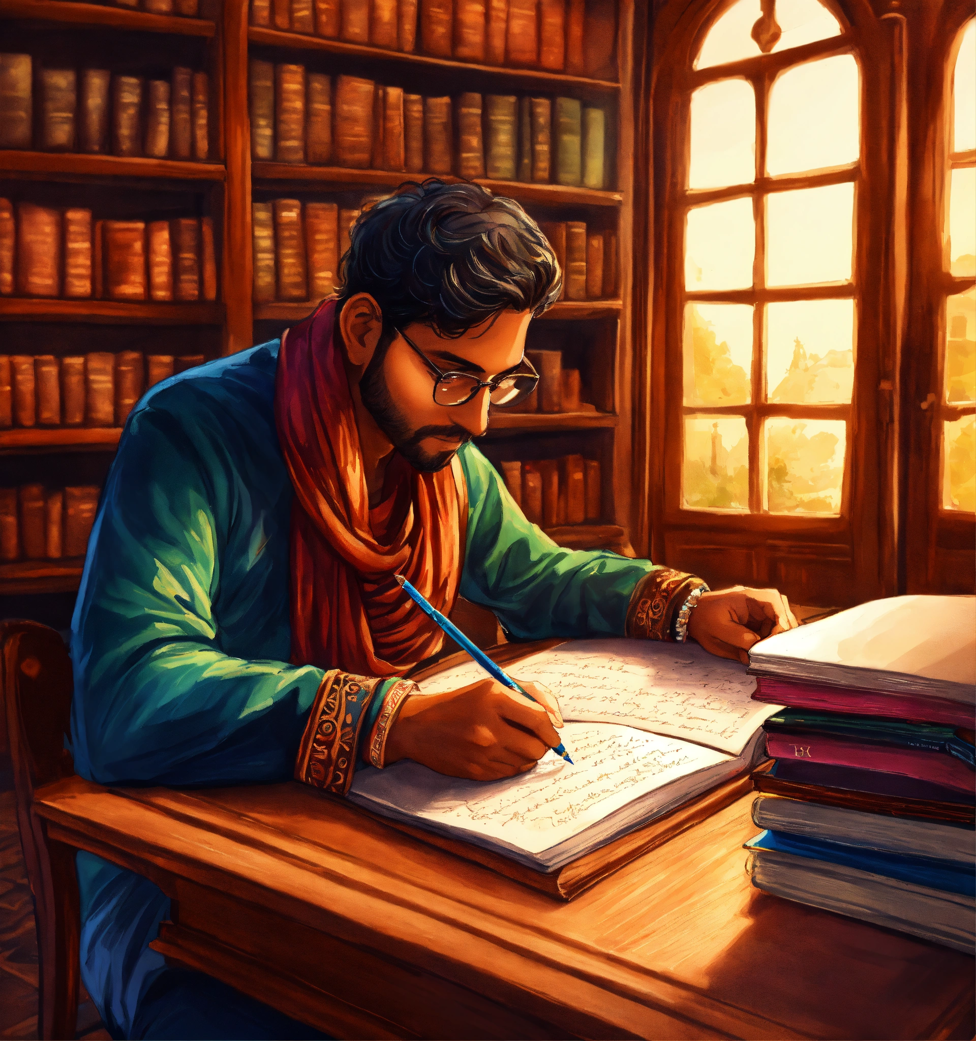 Lexica - A hand drawn painting of a young Indian author writing his new ...