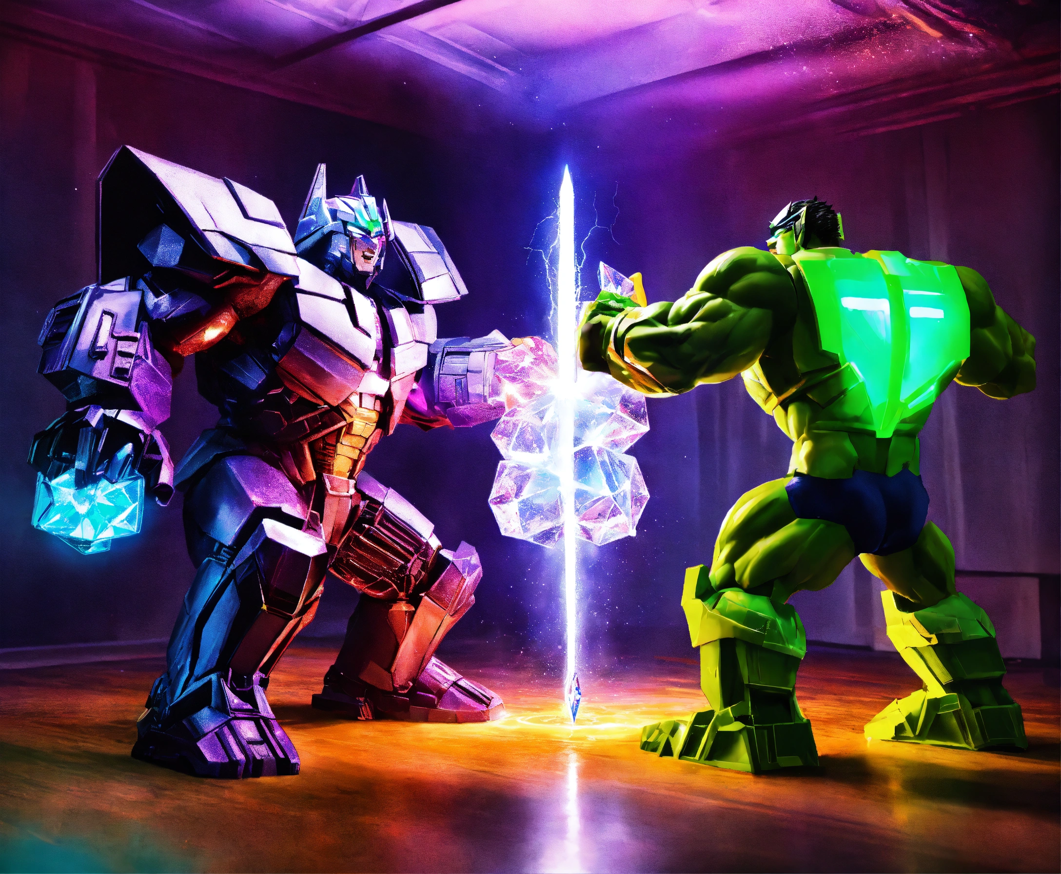 Lexica - Glowing crystal Hulk vs transformer Megatron god rainbow water ...
