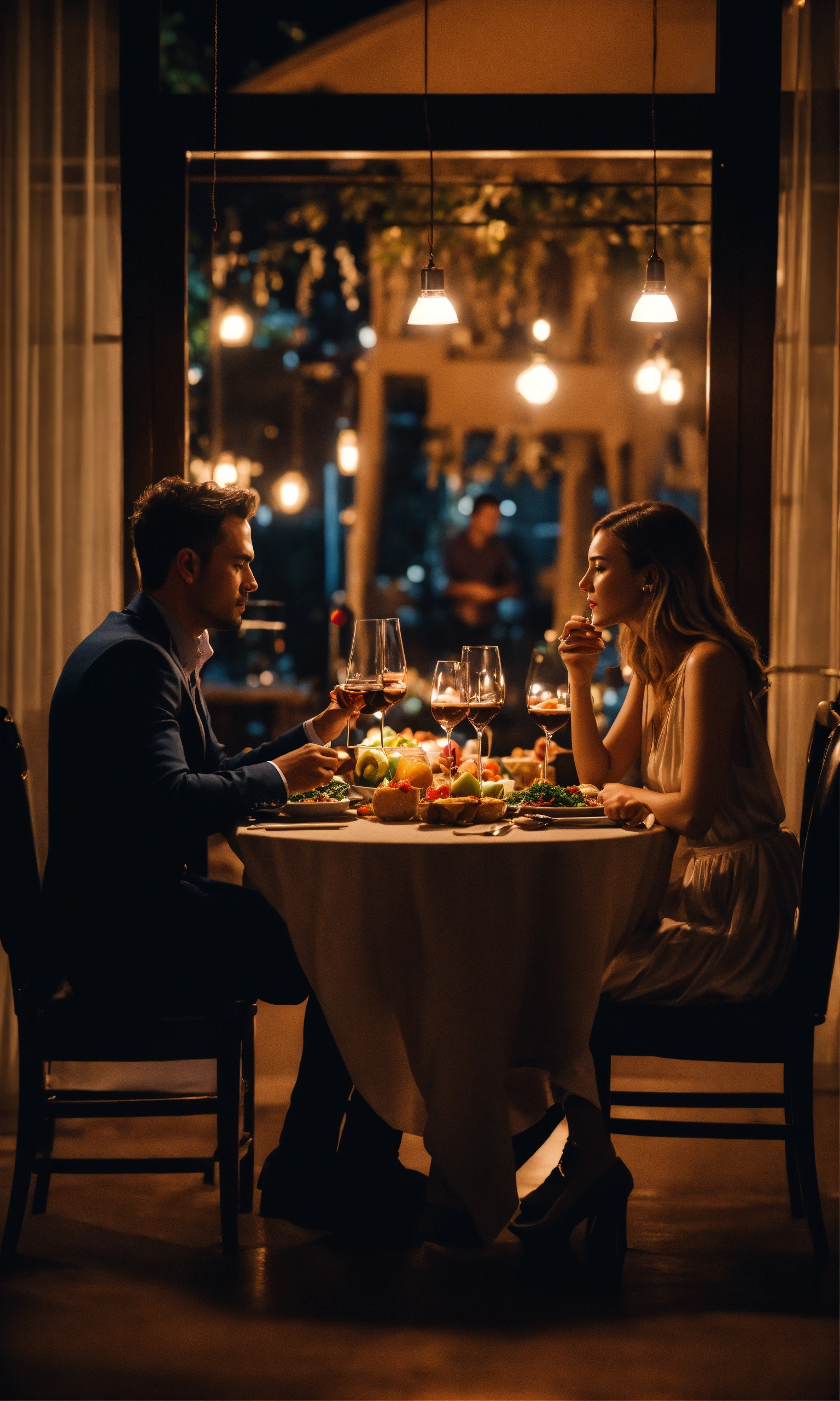 Lexica - Cinematic photo of couple at dinner, night setting, high ...