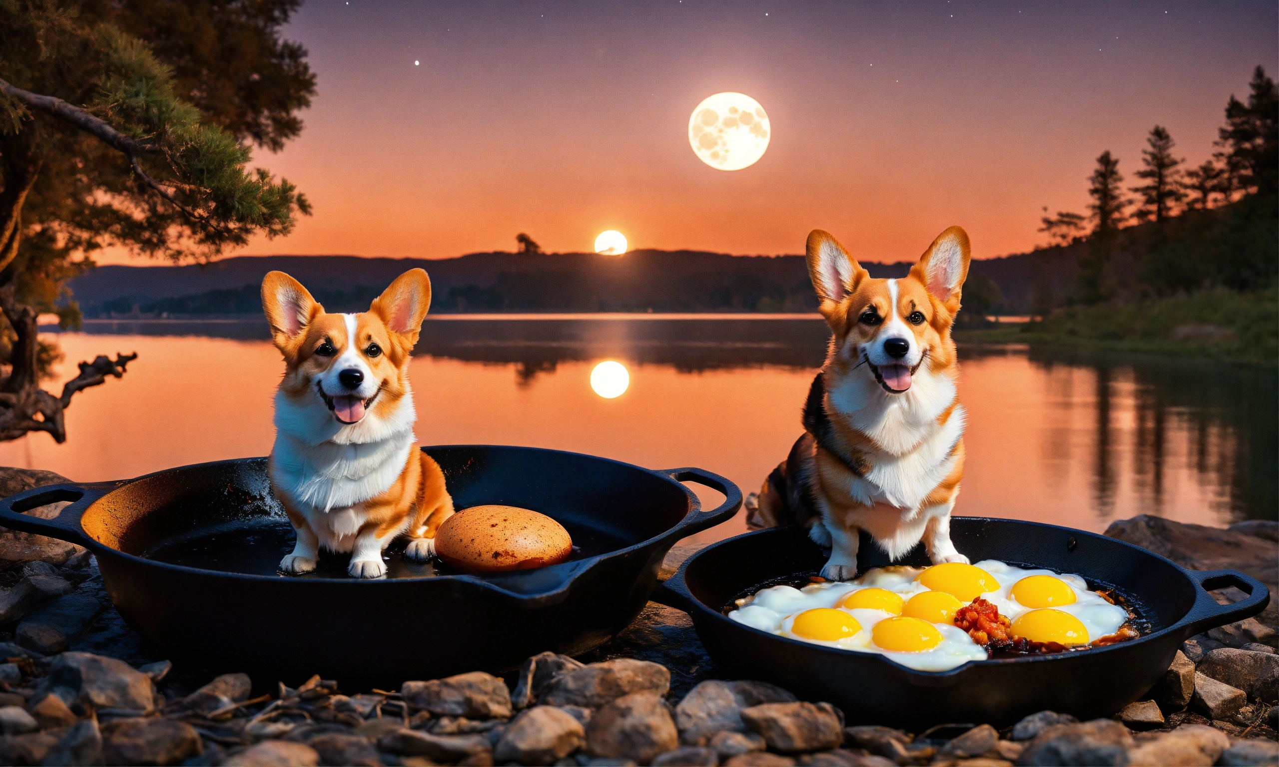 Lexica - Image of 2 corgi dogs frying a giant egg in a giant cast iron ...