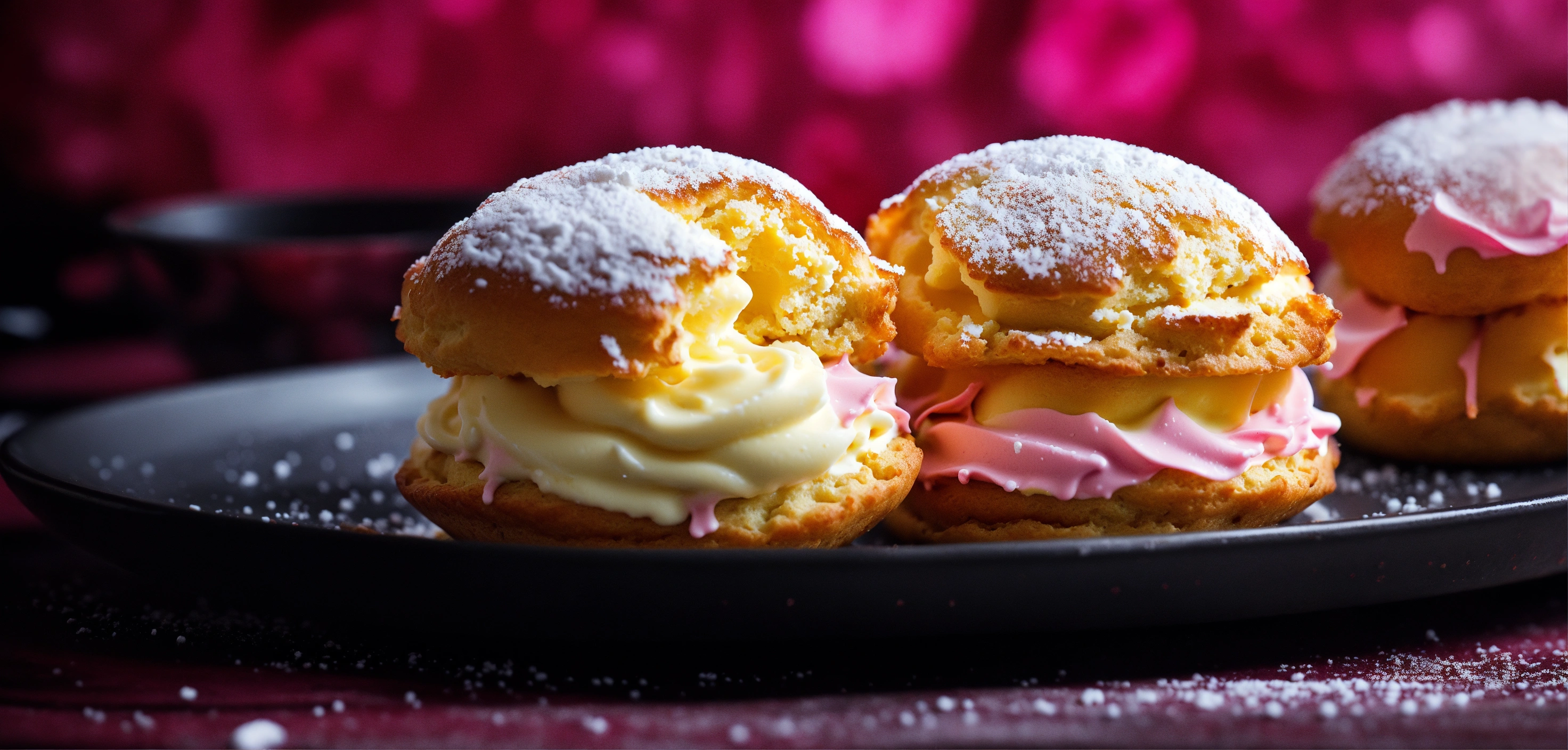Lexica - Closeup on a cream puff on black plate, selective focus on the ...