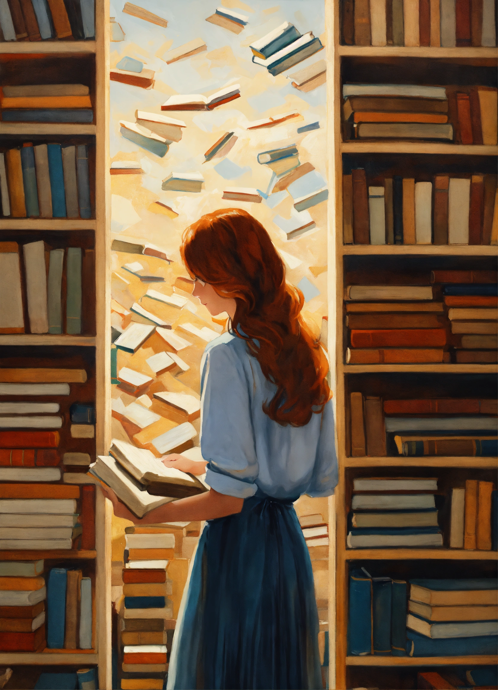 Lexica - A woman organising books in a full wall bookcase. The woman is ...