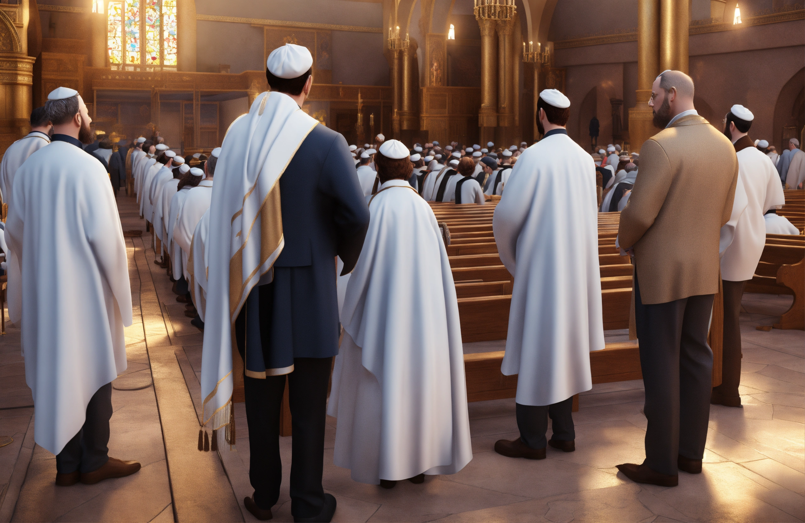 Lexica - A hundred Orthodox people sit in a synagogue with tallit and ...