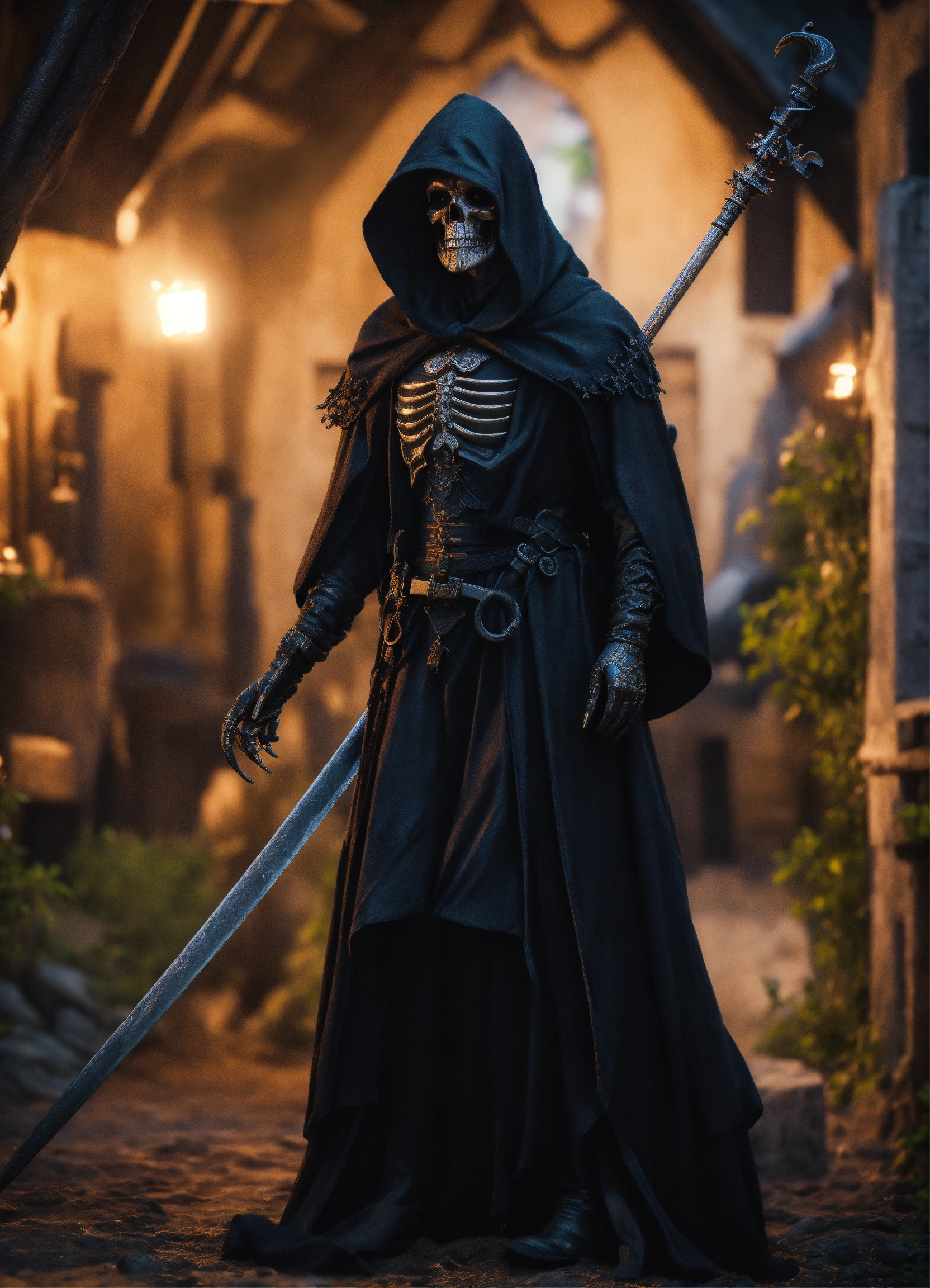Lexica - Grim reaper, fantasy village, best quality, full body portrait ...
