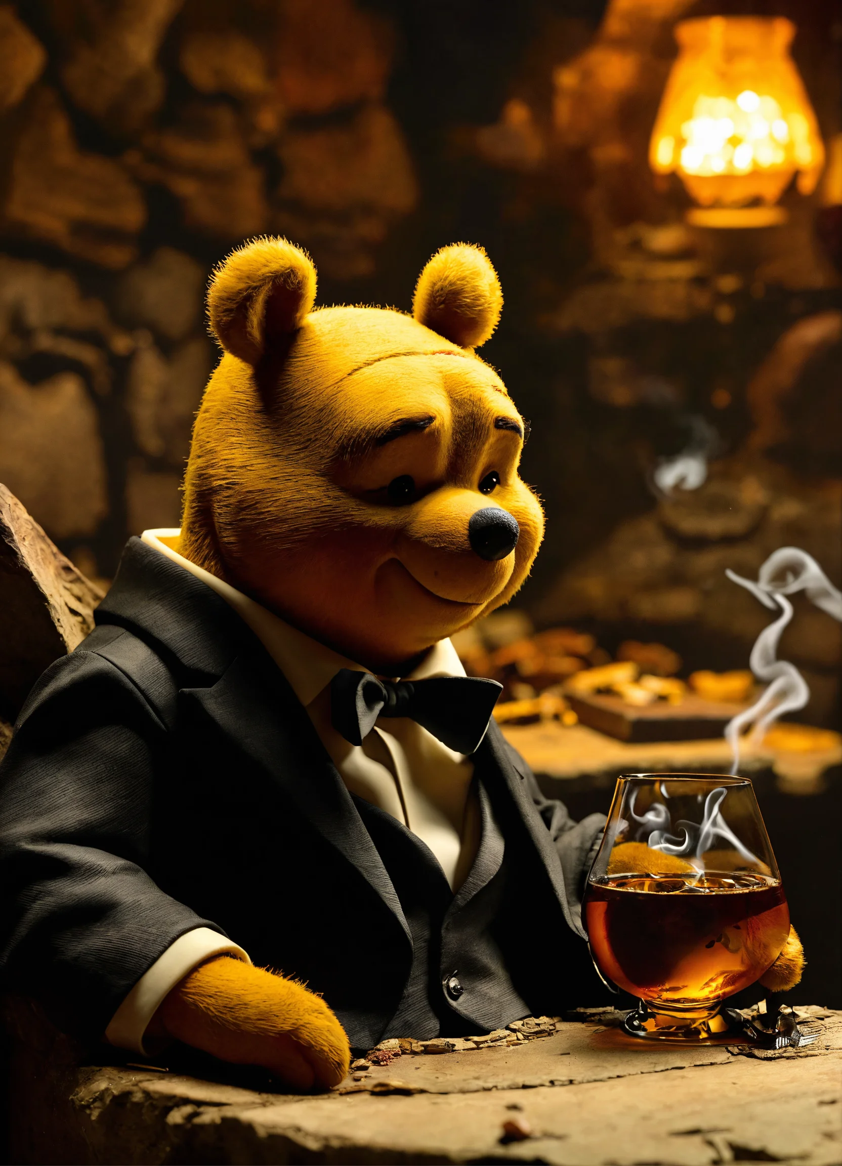 Lexica - Winnie the pooh in a tuxedo, serious look on his face, sitting ...