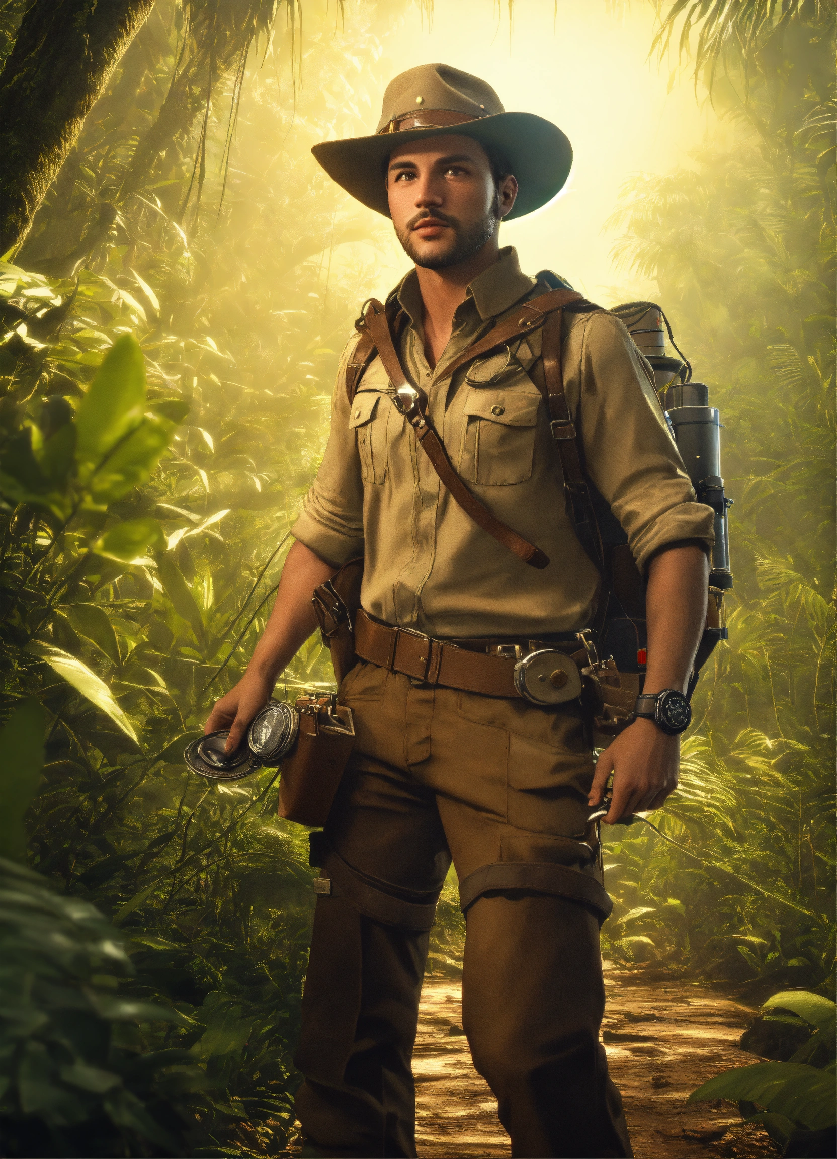Lexica - A 35-years-old Treasure Hunter with a explorer hat and dressed ...