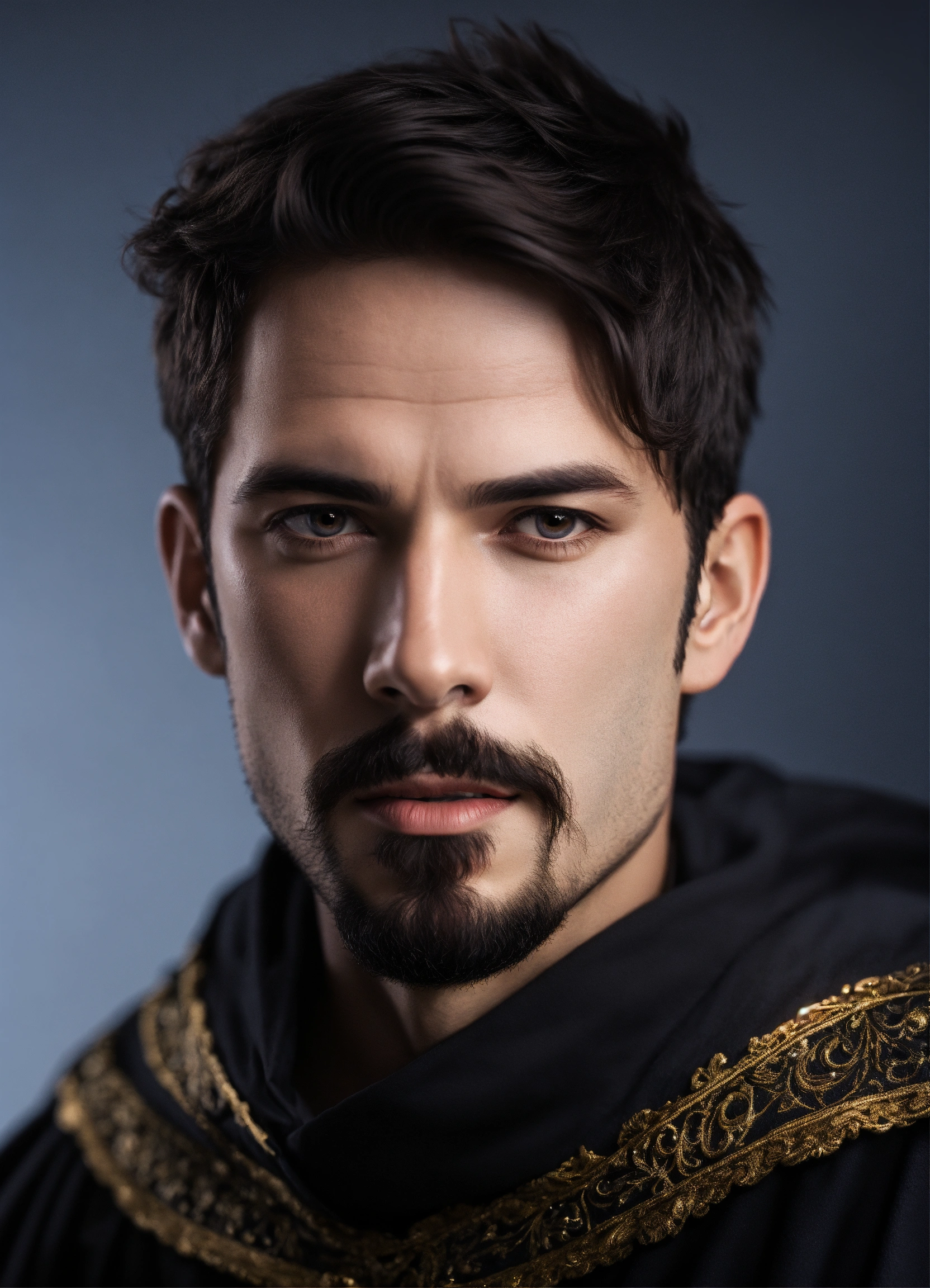 Lexica - Dark short hair, french goatee, wizard robes white light ...