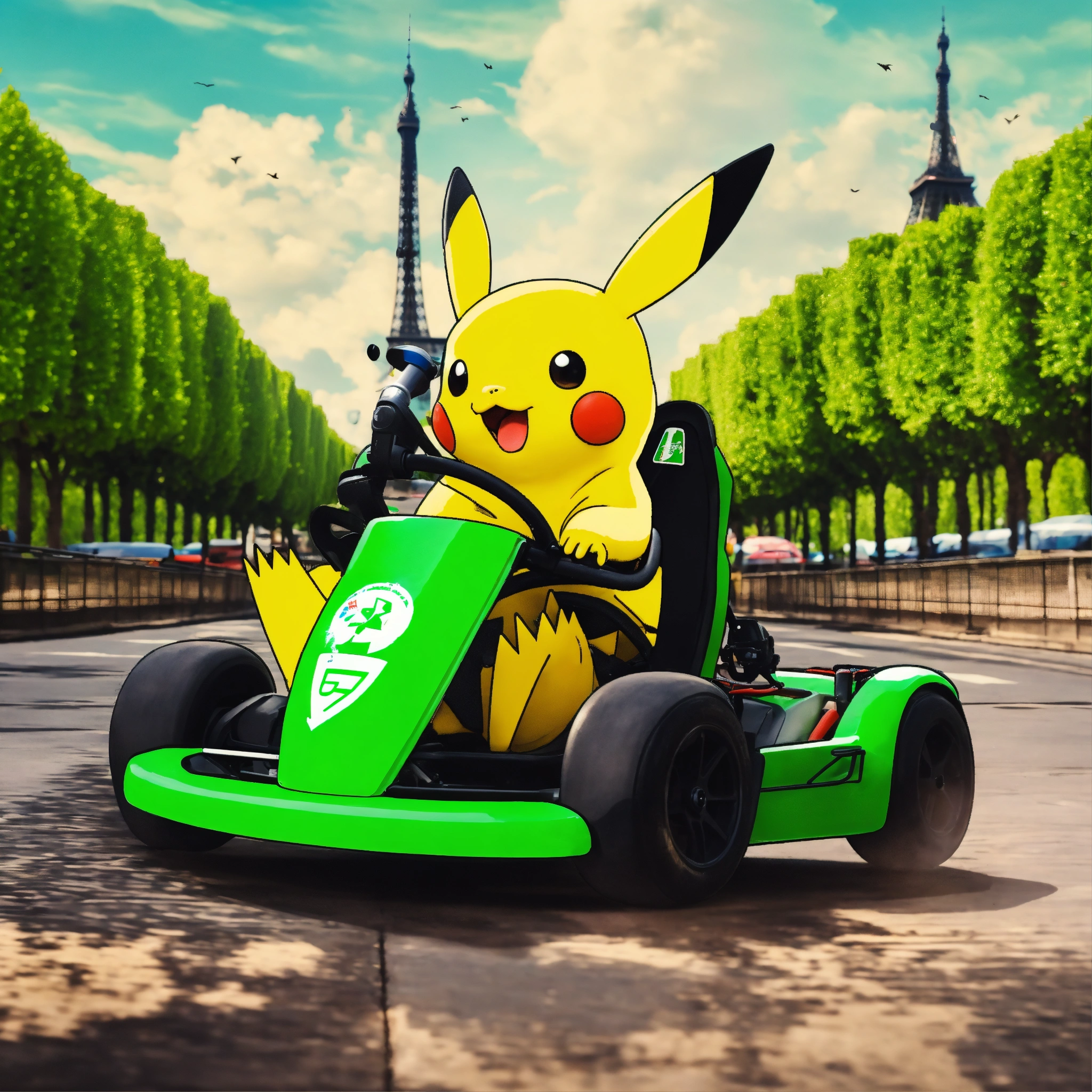 Lexica - Draw me a pickachu riding a green go kart in paris