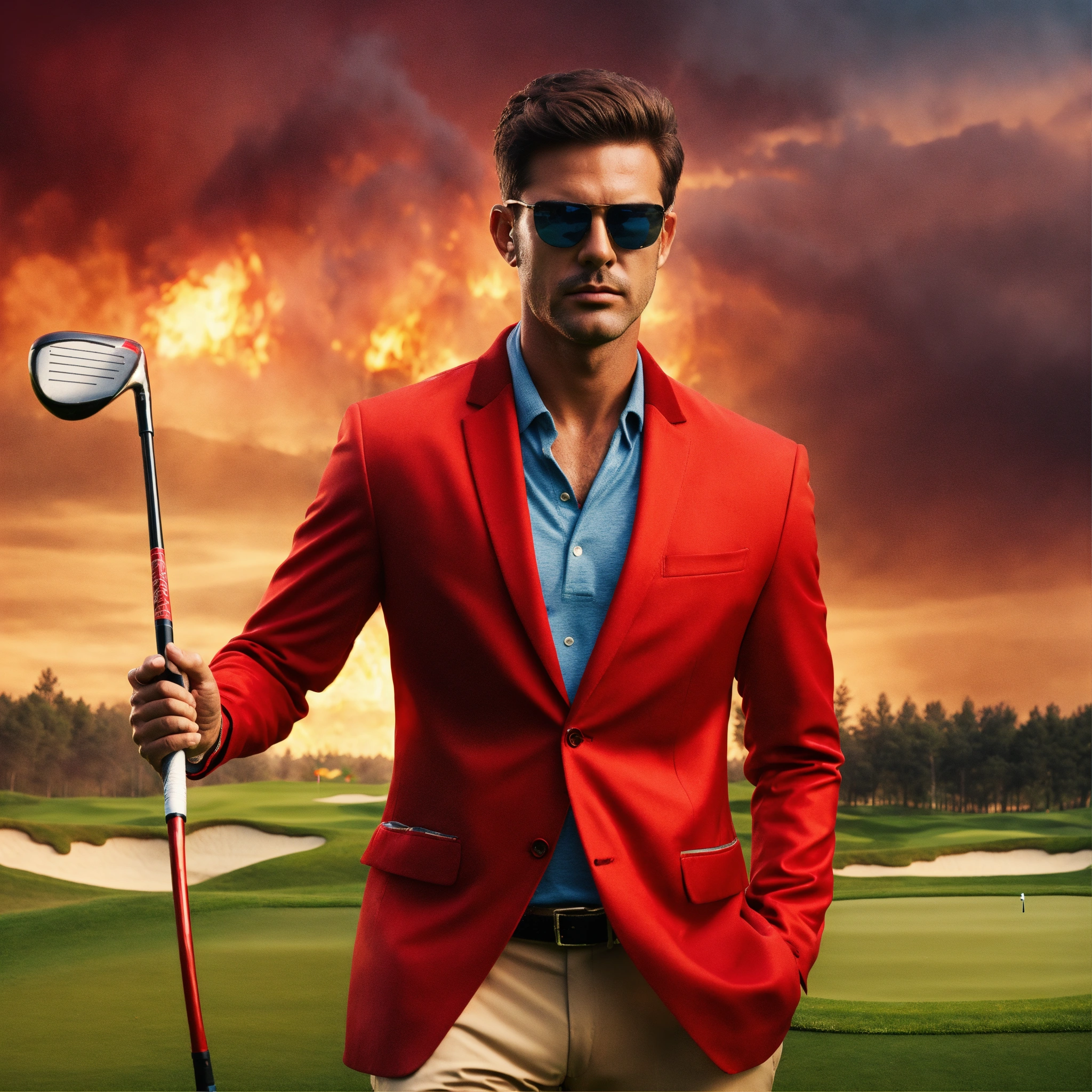 Lexica - 4k hd ultra realistic man red blazer, sunglasses. Holding golf ...