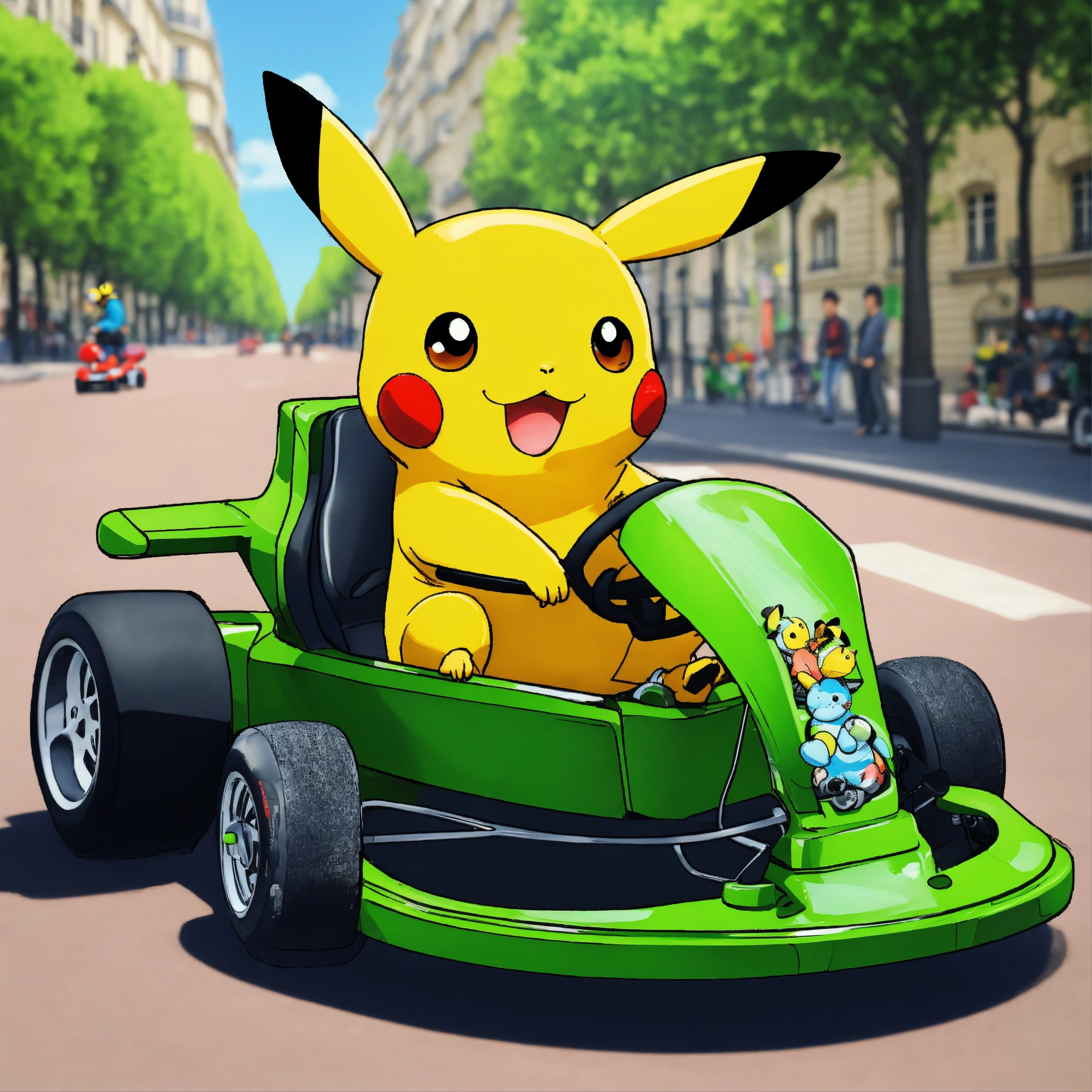 Lexica - Draw me a pickachu riding a green go kart in paris
