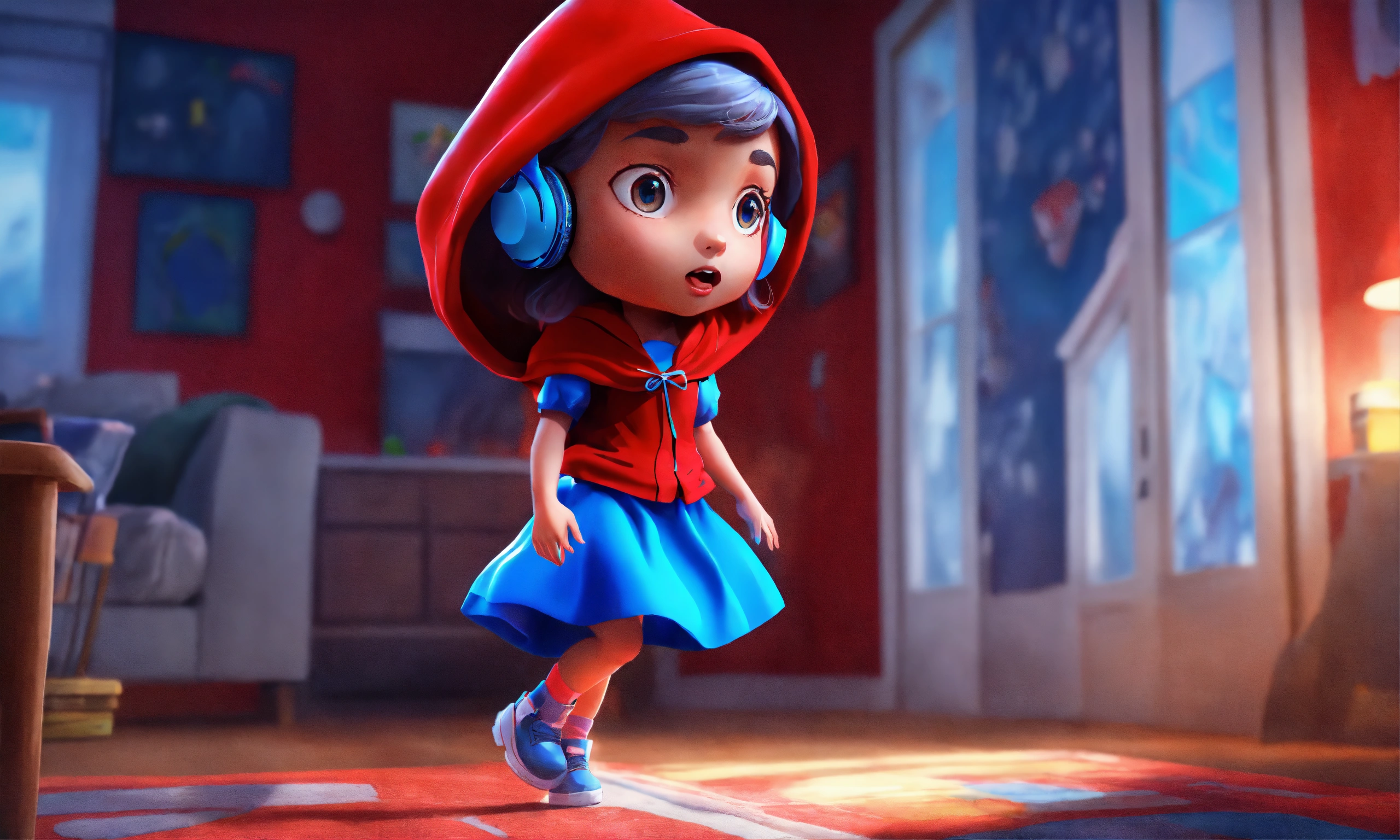 Lexica - Cartoons scared modern Red Riding Hood, wearing short blue ...