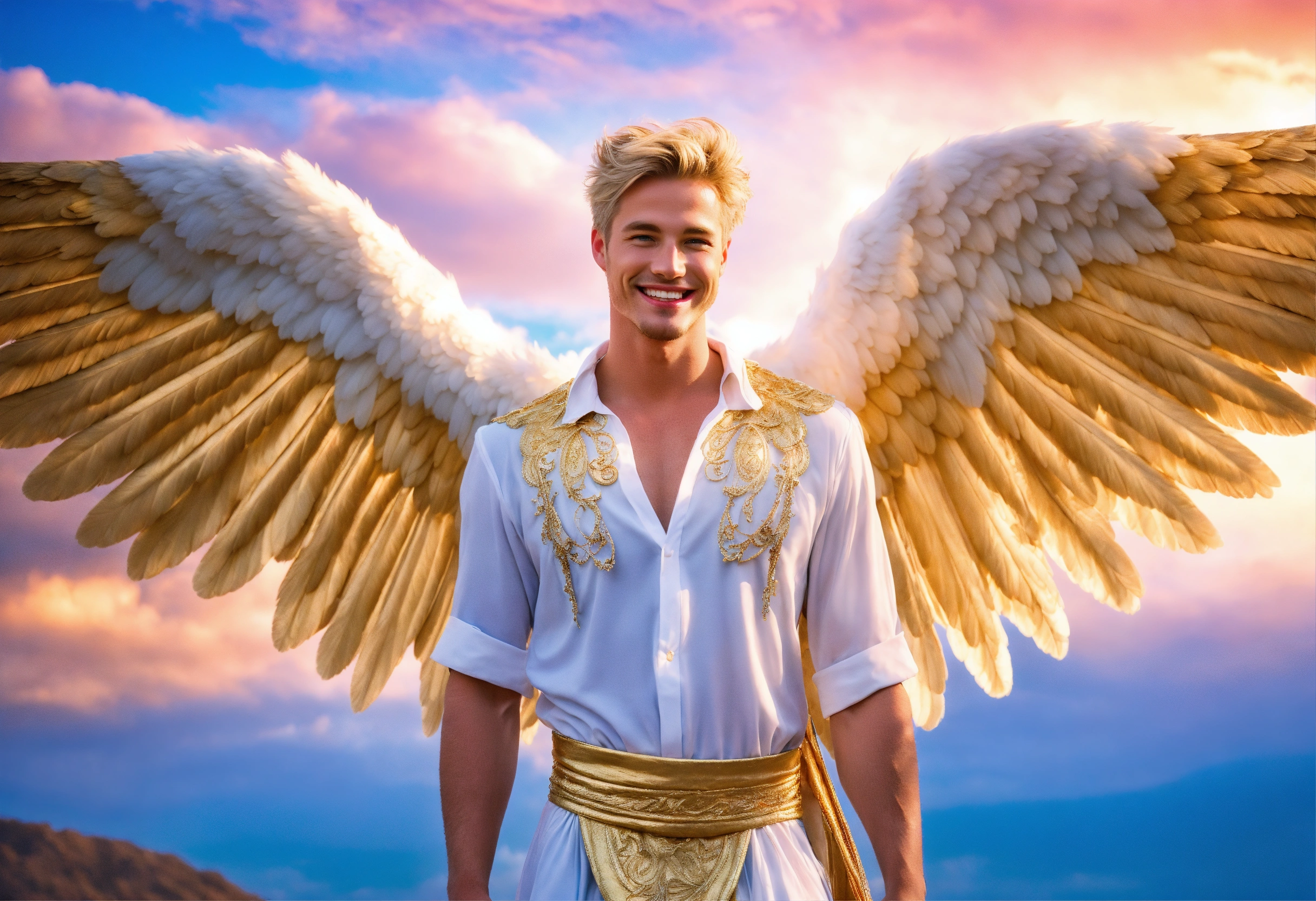Lexica - Angel man blond blue eyes, large angel wings, fantasy clothes ...