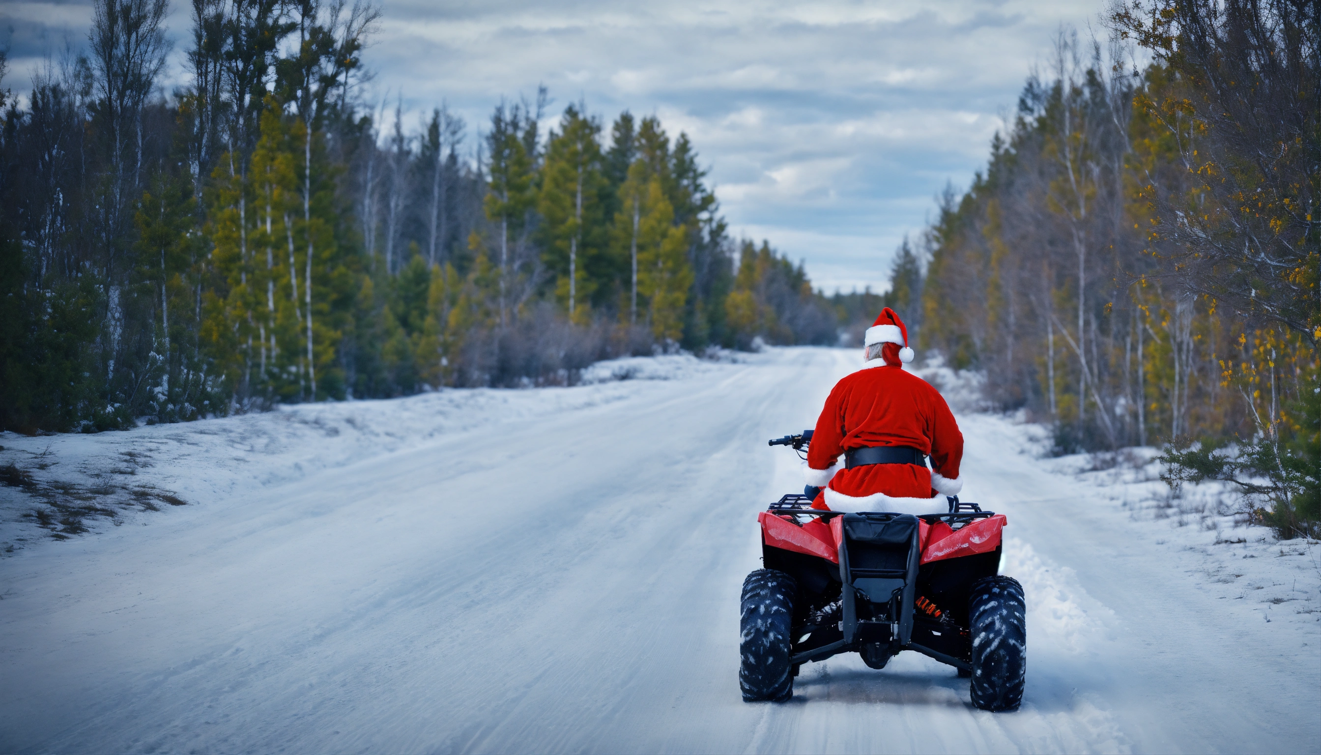 Lexica - Santa Claus with big sack bag rides along a snowy road on an ...