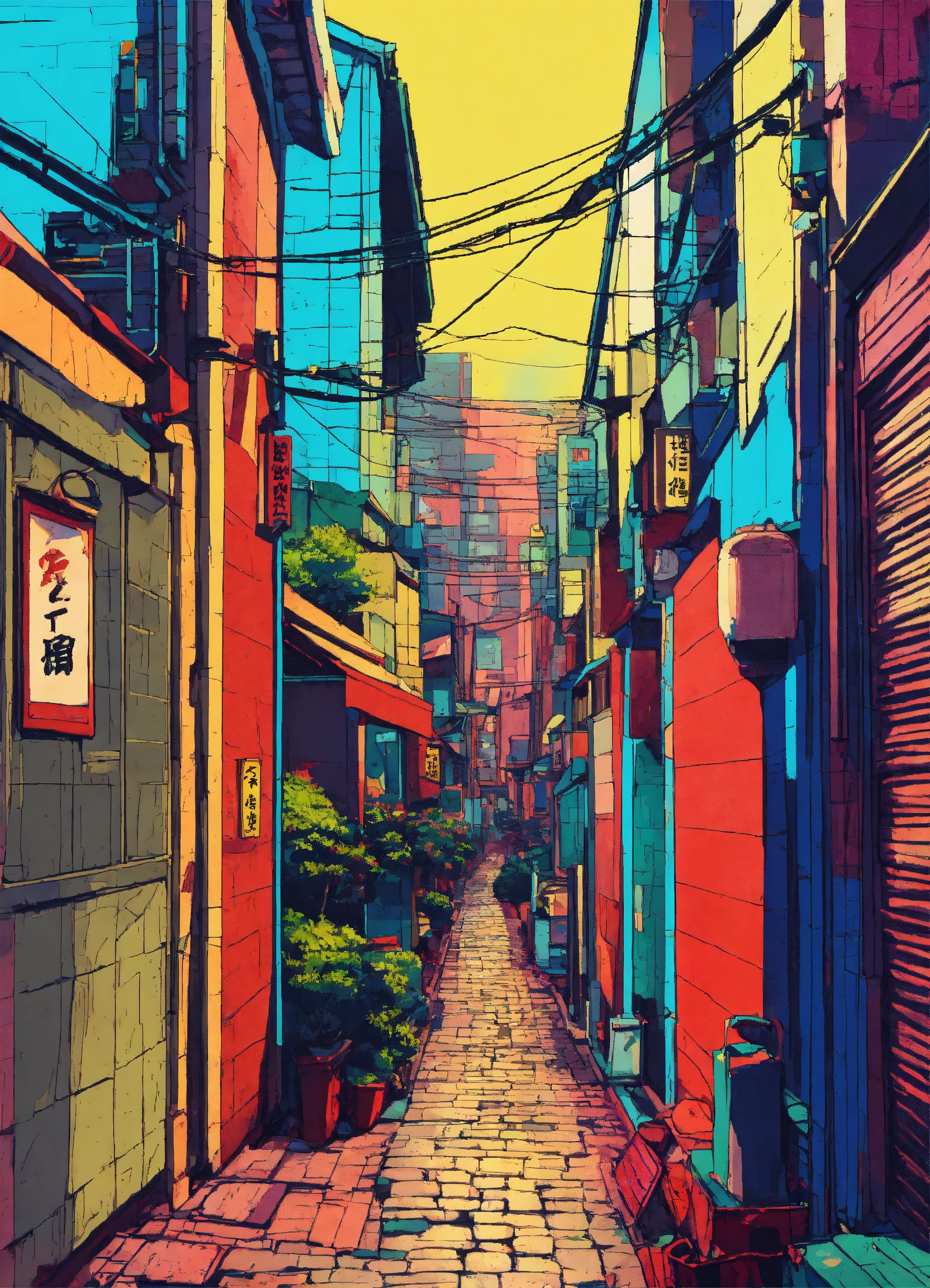 Lexica - A pop art illustration of a Tokyo alley medieval 8k quality.