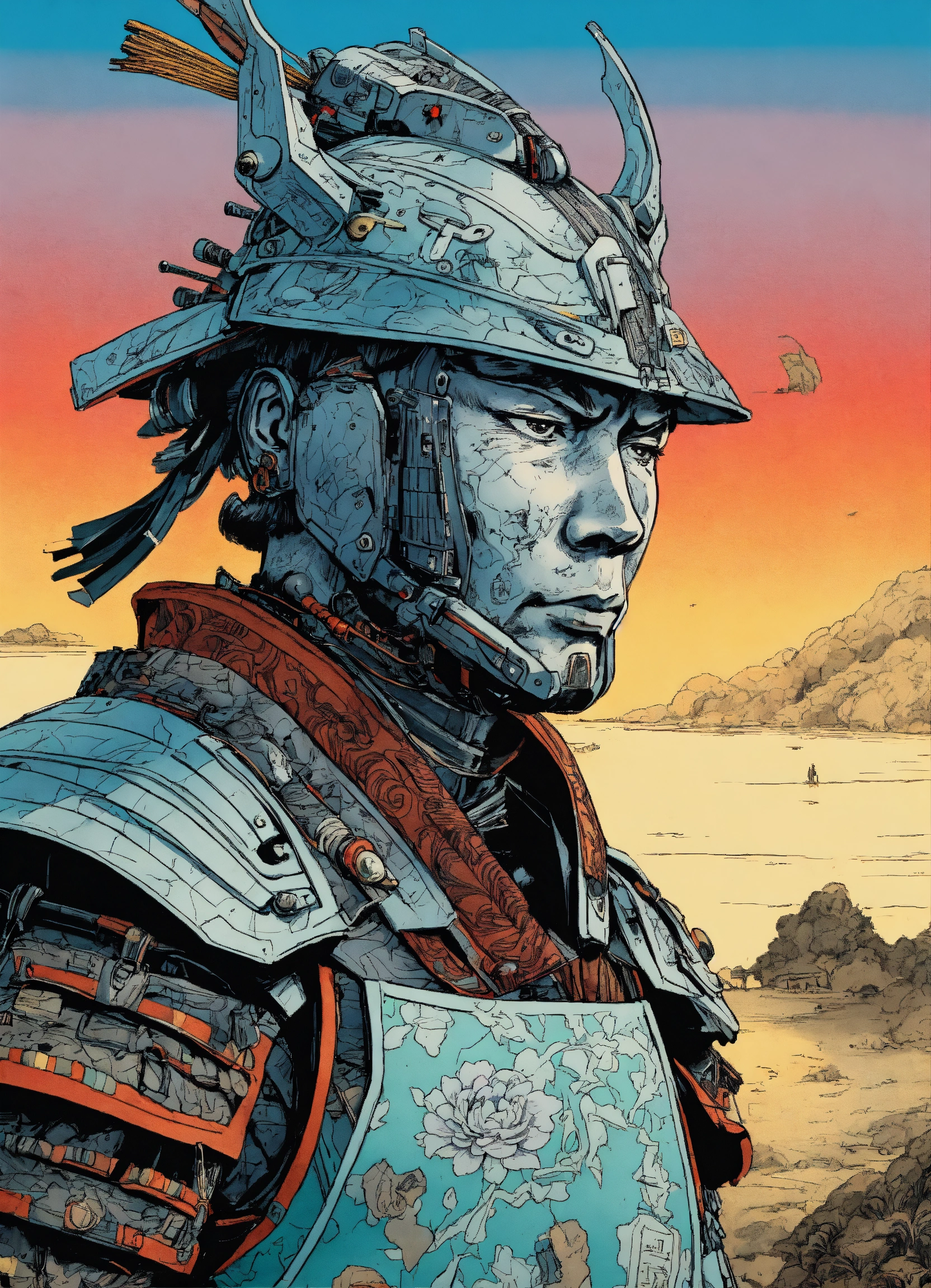 Lexica - Detailed pen and ink illustration of a samurai cyborg, head ...