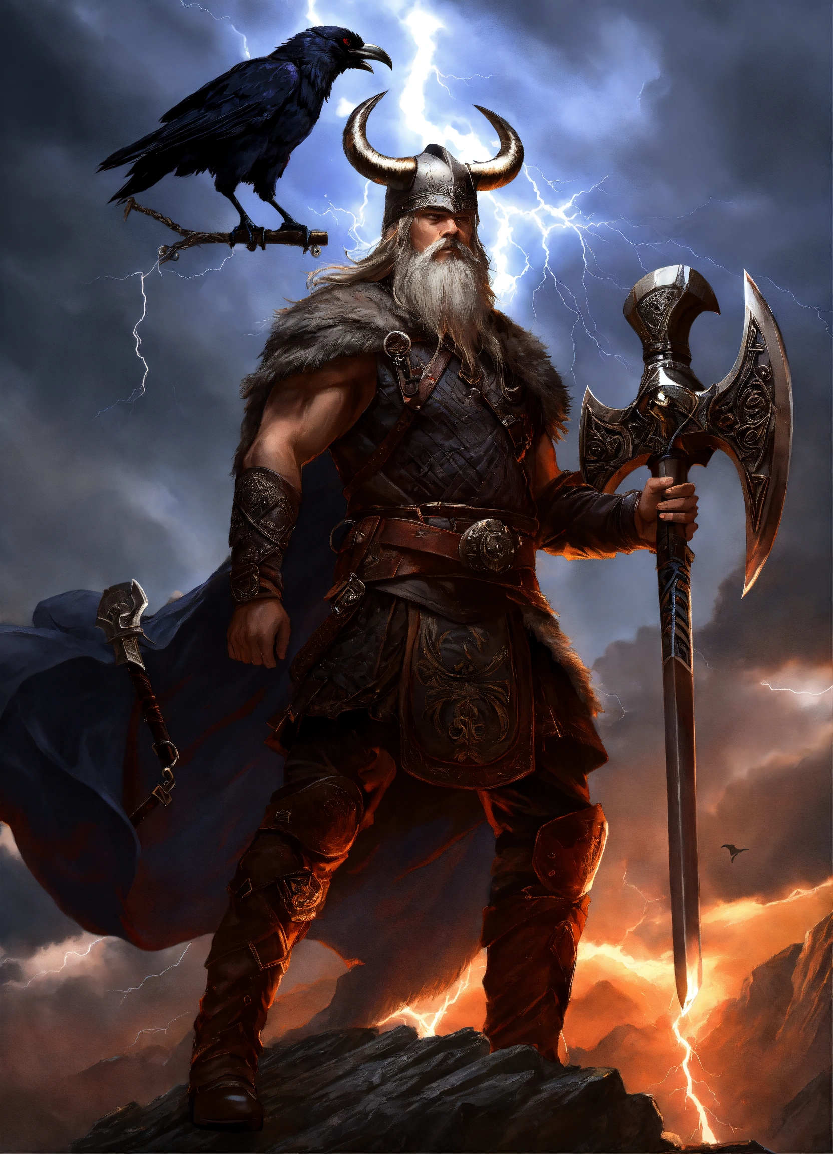 Lexica - Odin, axes, ravens in background, dramatic, lightning, warrior ...