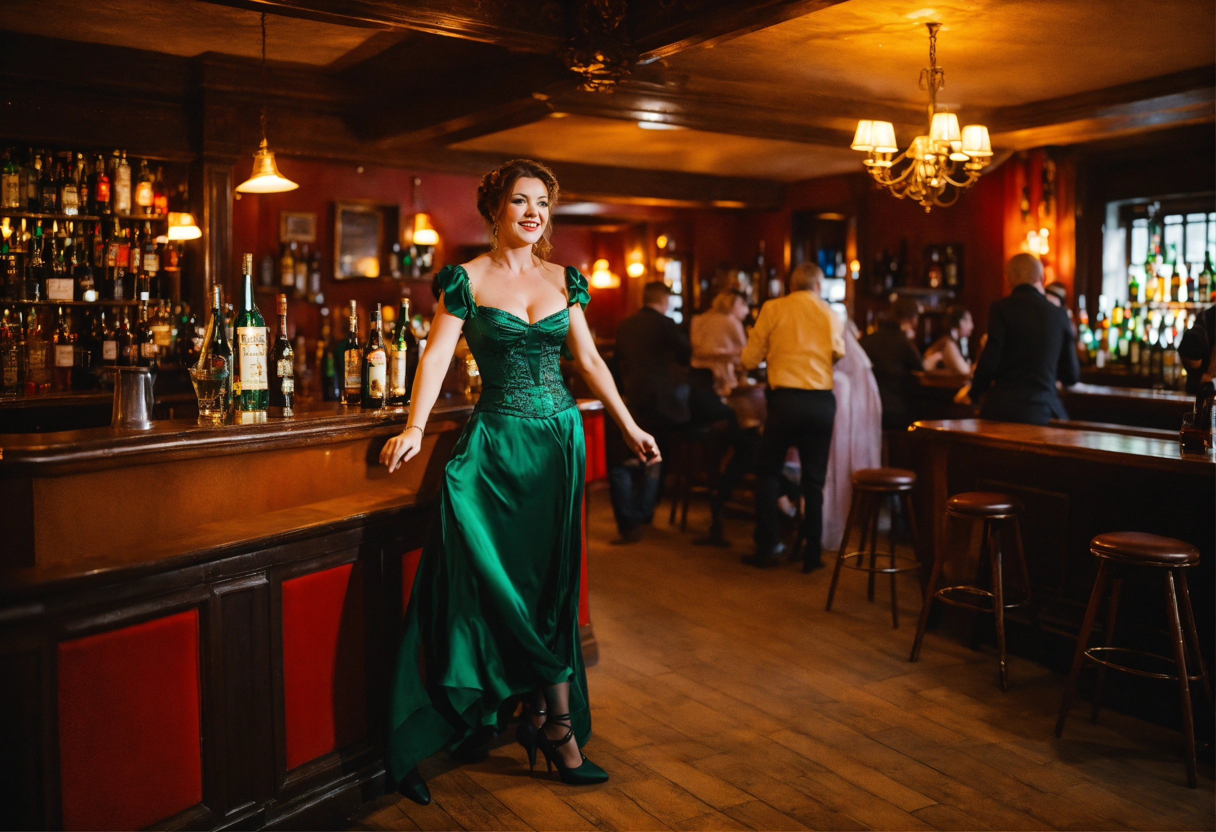 Lexica - An irish female in corsett dancing in a bar, full body view
