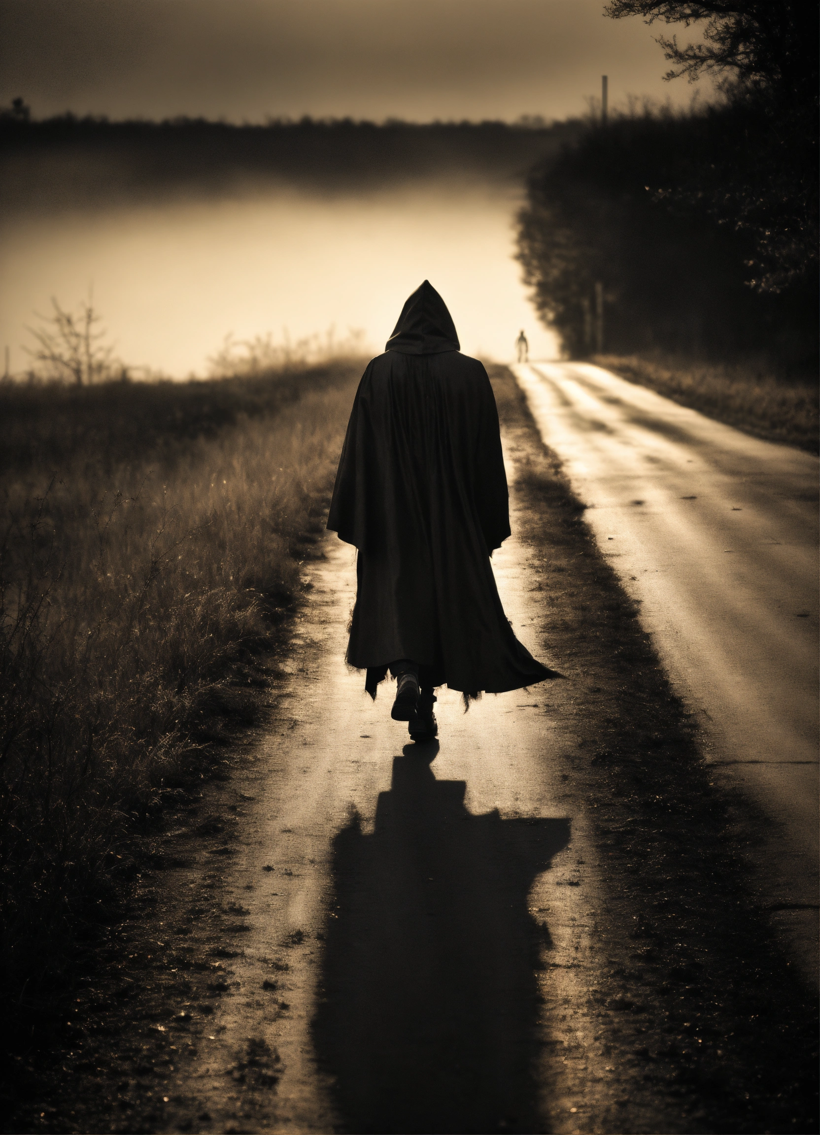 Lexica - A black and white image showing a creepy creep walking down a ...