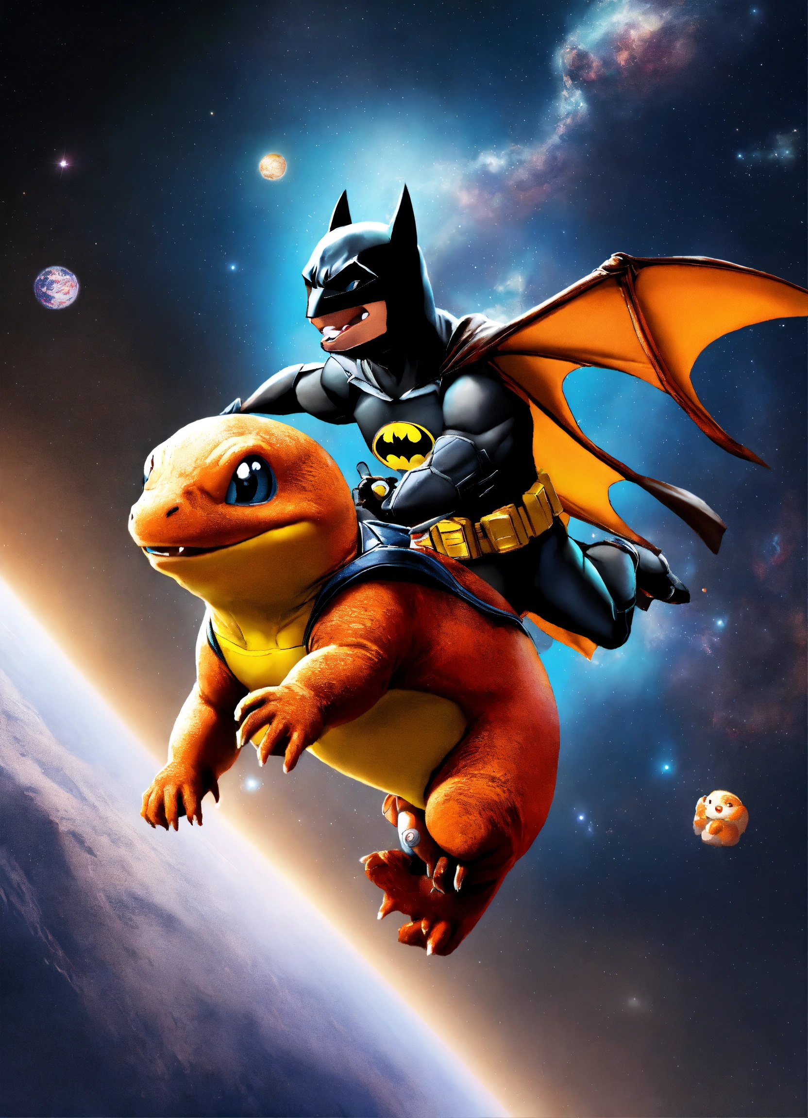 Lexica - A realistic Charmander flying Batman in space.