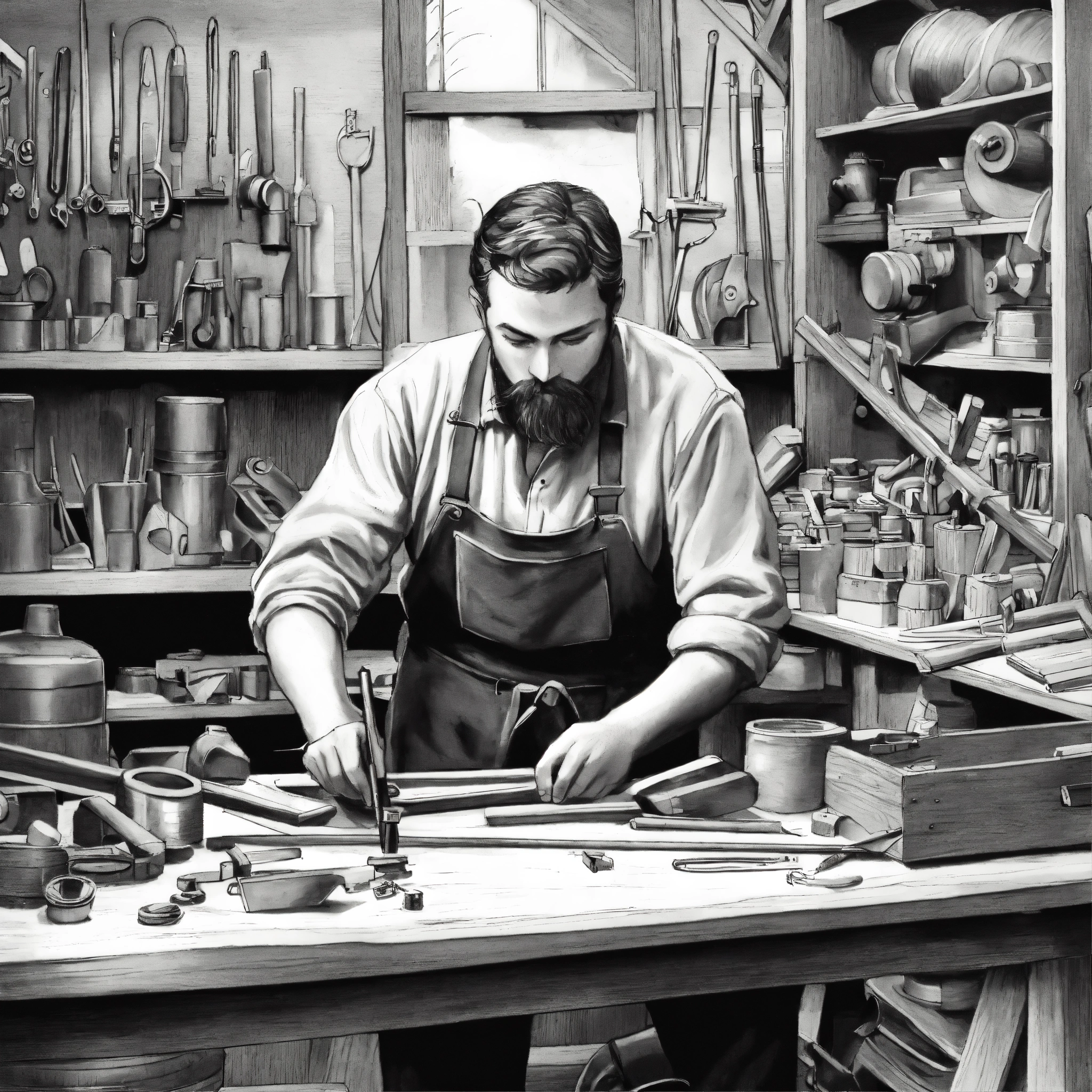 Lexica - Black and white drawing, a craftsman working on his workbench