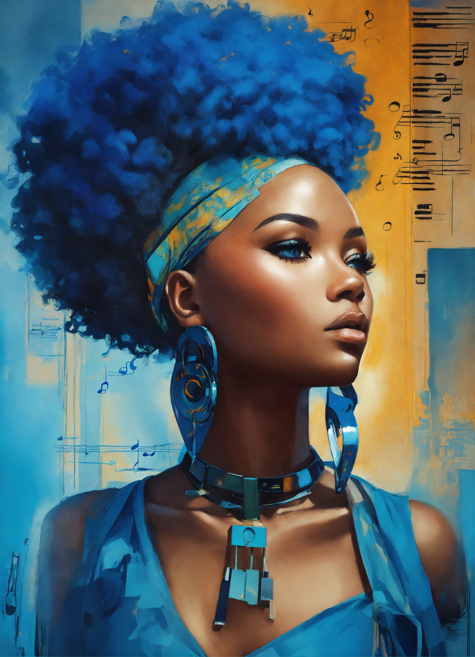 Lexica - A beautiful woman with blue hair and music notes, an airbrush ...