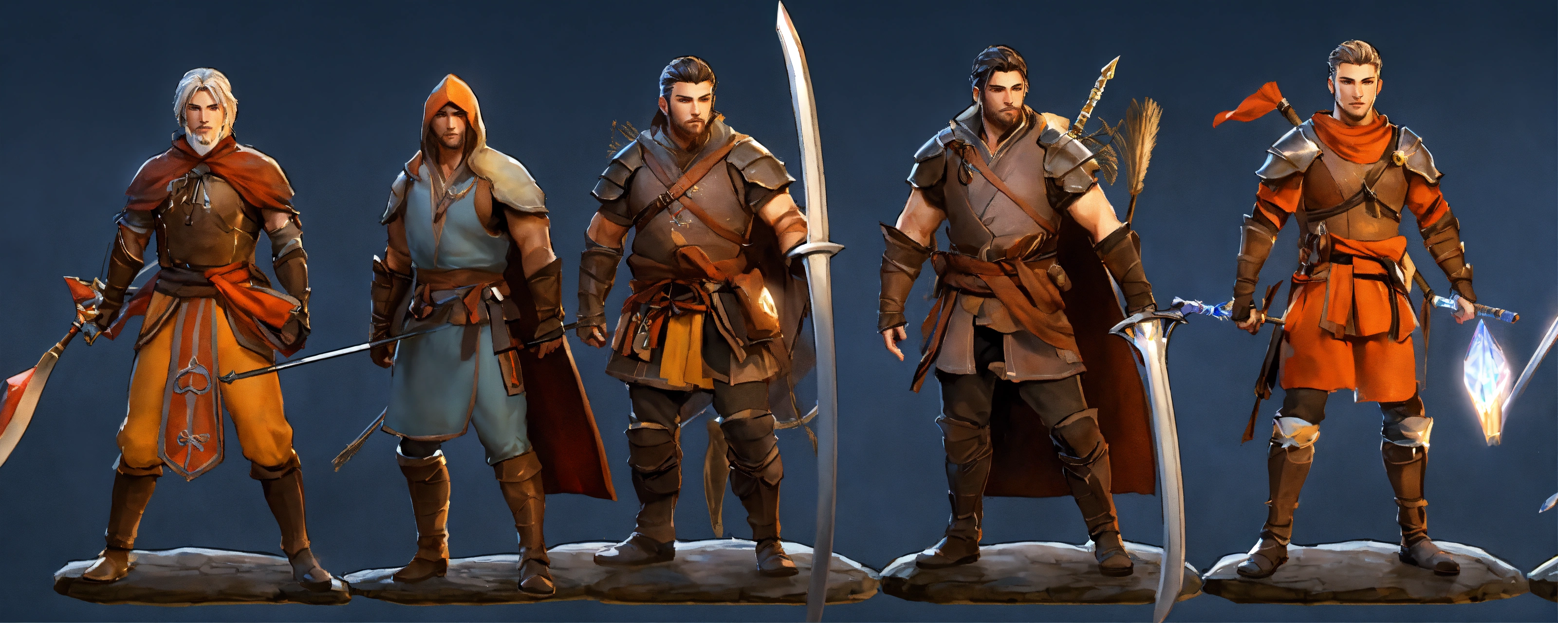 Lexica - 4 realistic full body male figures (mage, knight, archer ...
