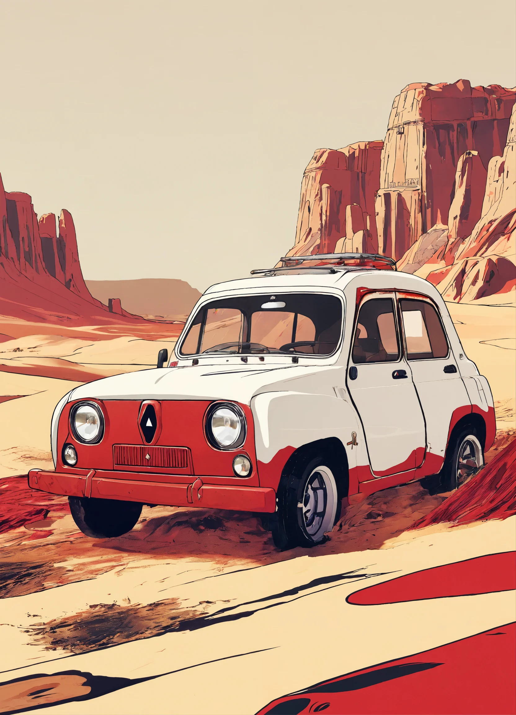 Lexica - A renault 4L white and red in the desert in one piece anime style