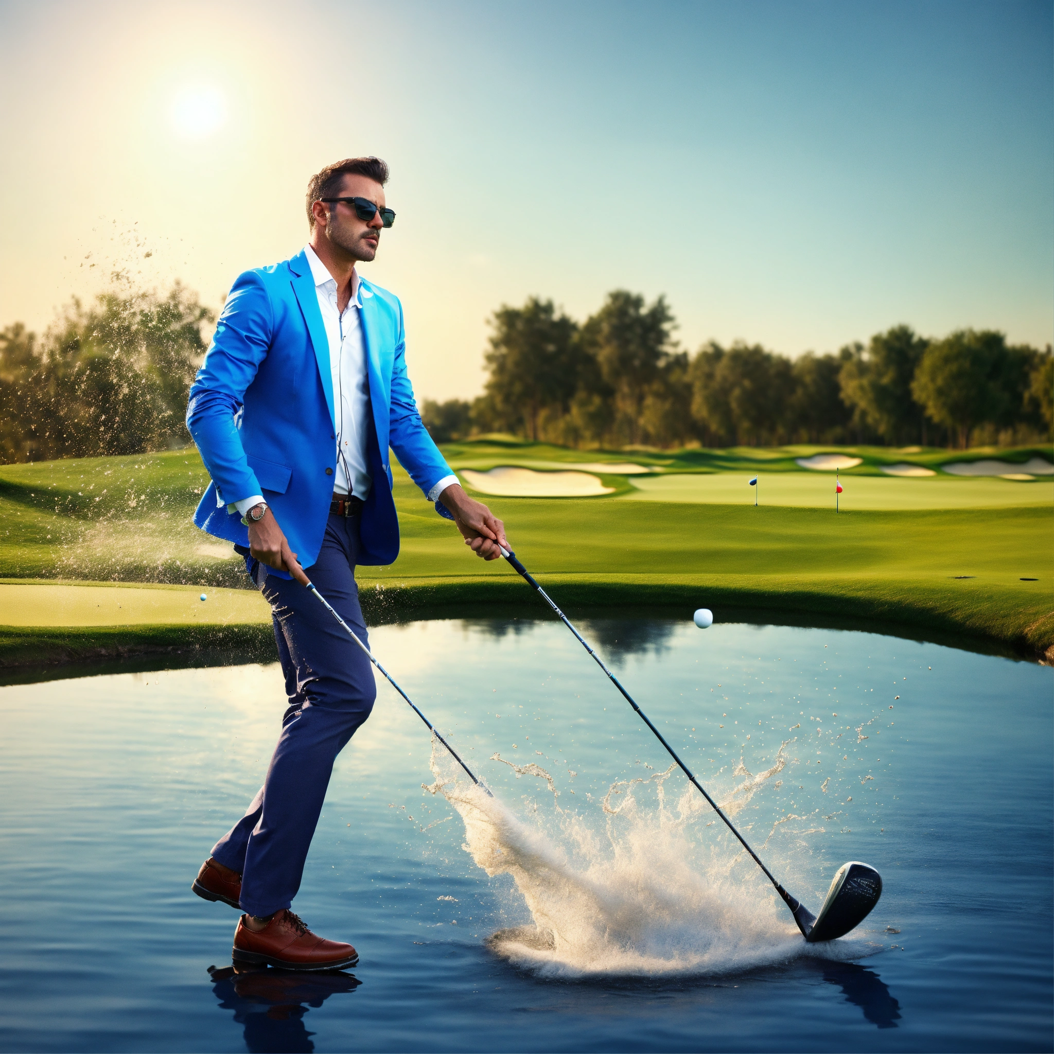 Lexica - 4k hd ultra realistic man blue blazer, sunglasses. Swinging ...