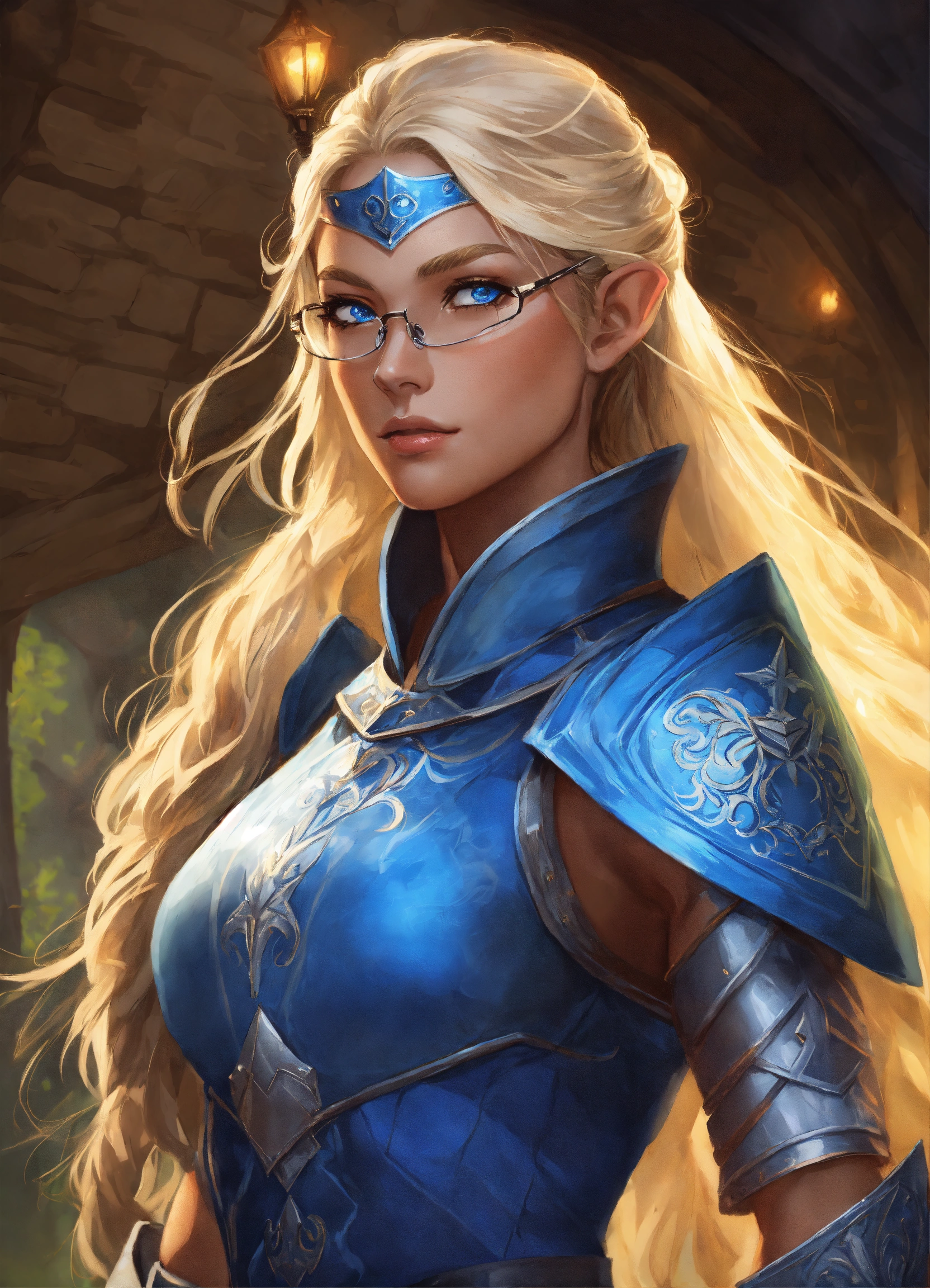 Lexica - A half-elf female with very tanned skin, wearing glasses with ...