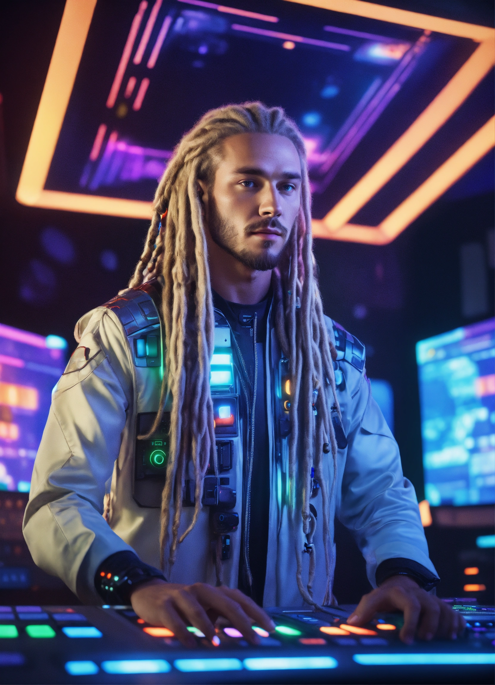 Lexica - Caucasian male with long blonde dreadlocks wearing futuristic ...