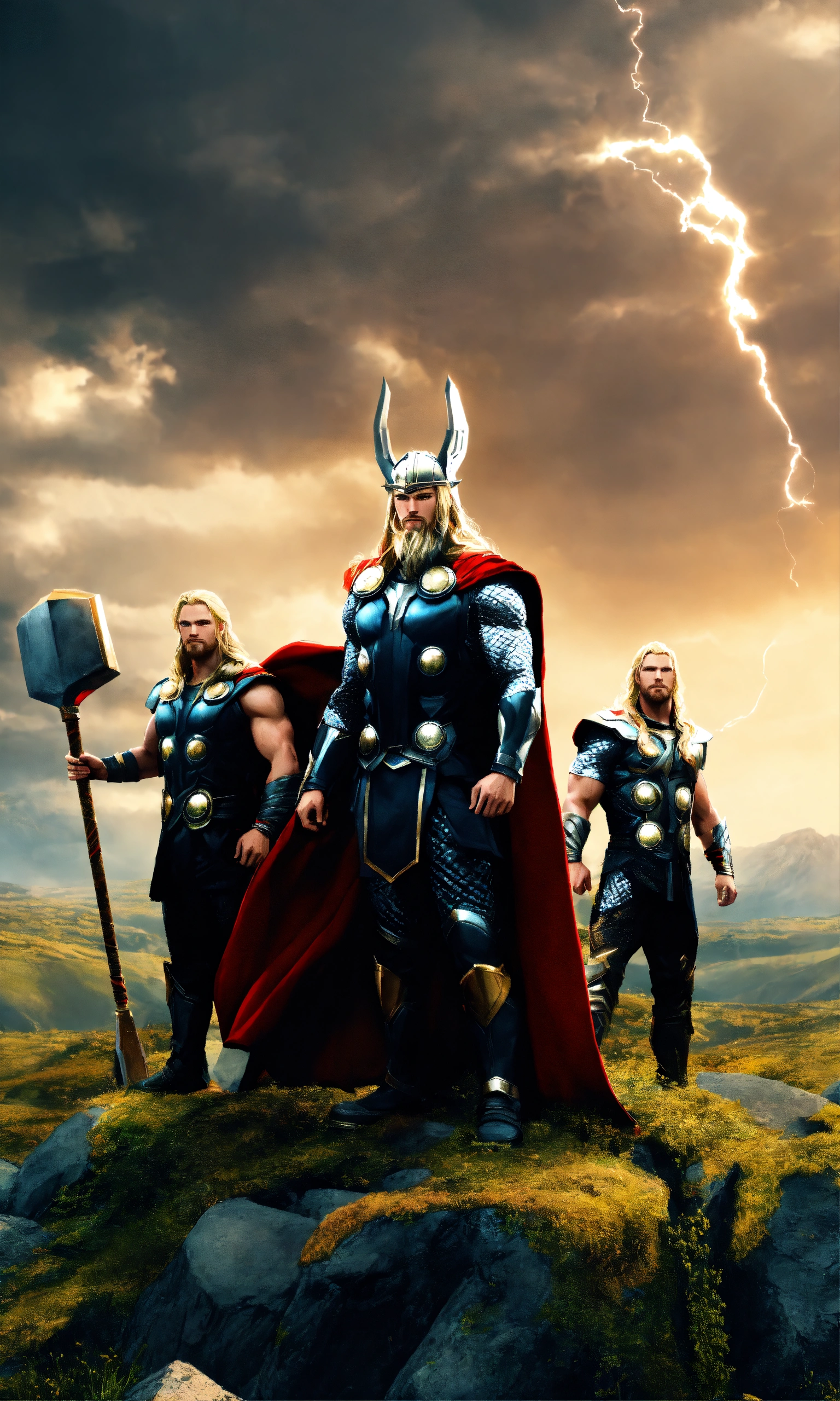 Lexica - 3 Thor standing together, nature background, 2D render