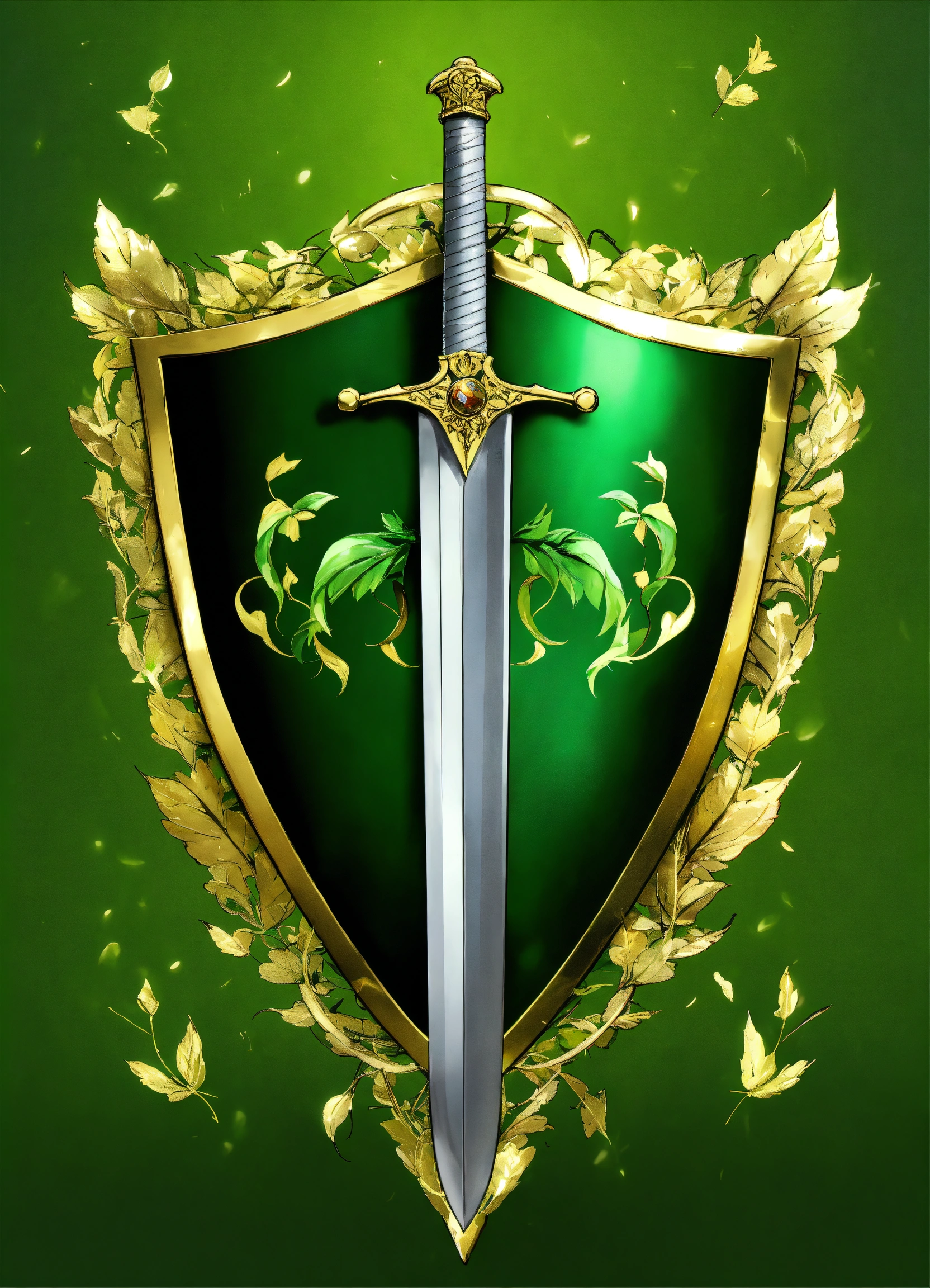 Lexica - A simple green shield with heraldry of gold leaves and a sword ...