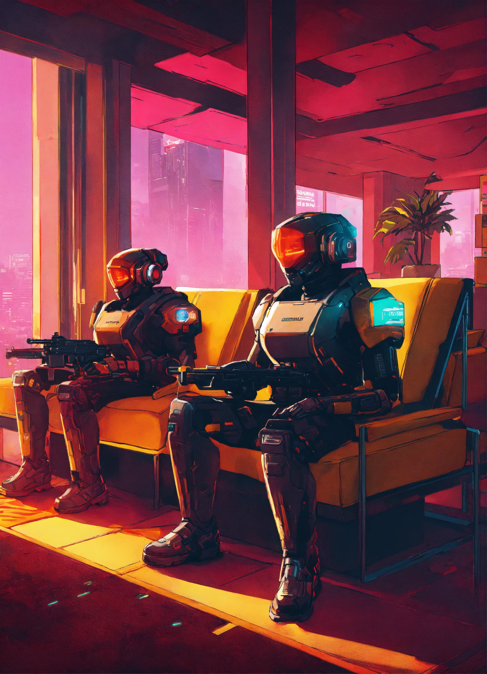 Lexica - Cyberpunk security robots in a hotel, cyberpunk 2077 poster ...