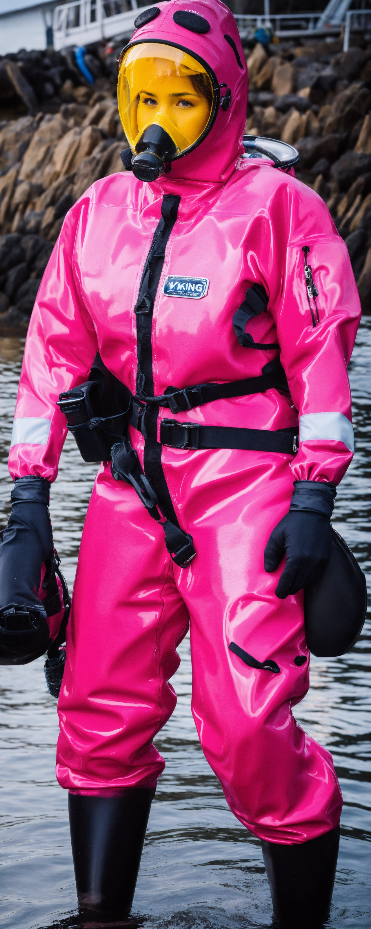 Lexica - Female diver in pink glossy viking drysuit