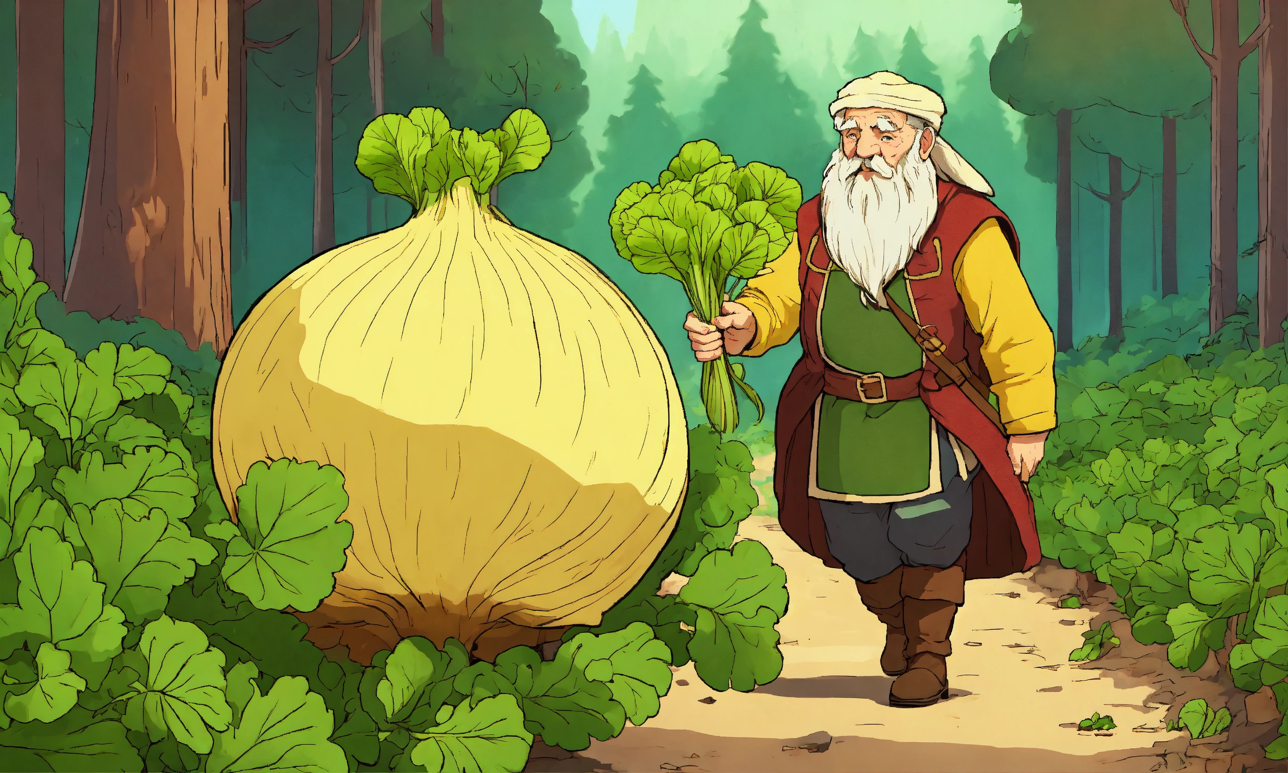 Lexica - Cartoon style giant yellow turnip with huge green leaves in ...