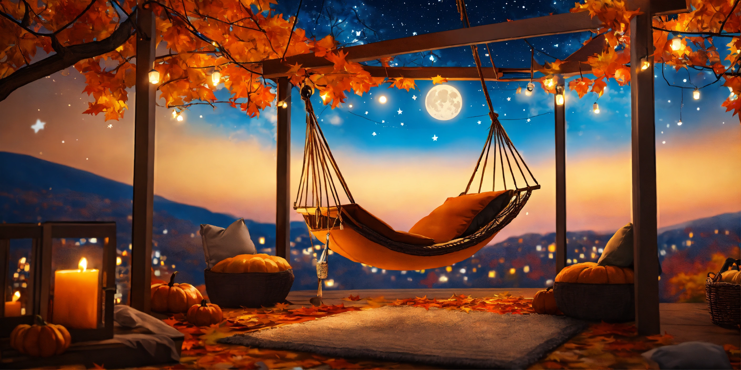 Lexica - Fall vibe patio, hanging comfy couch swing, fall landscape ...