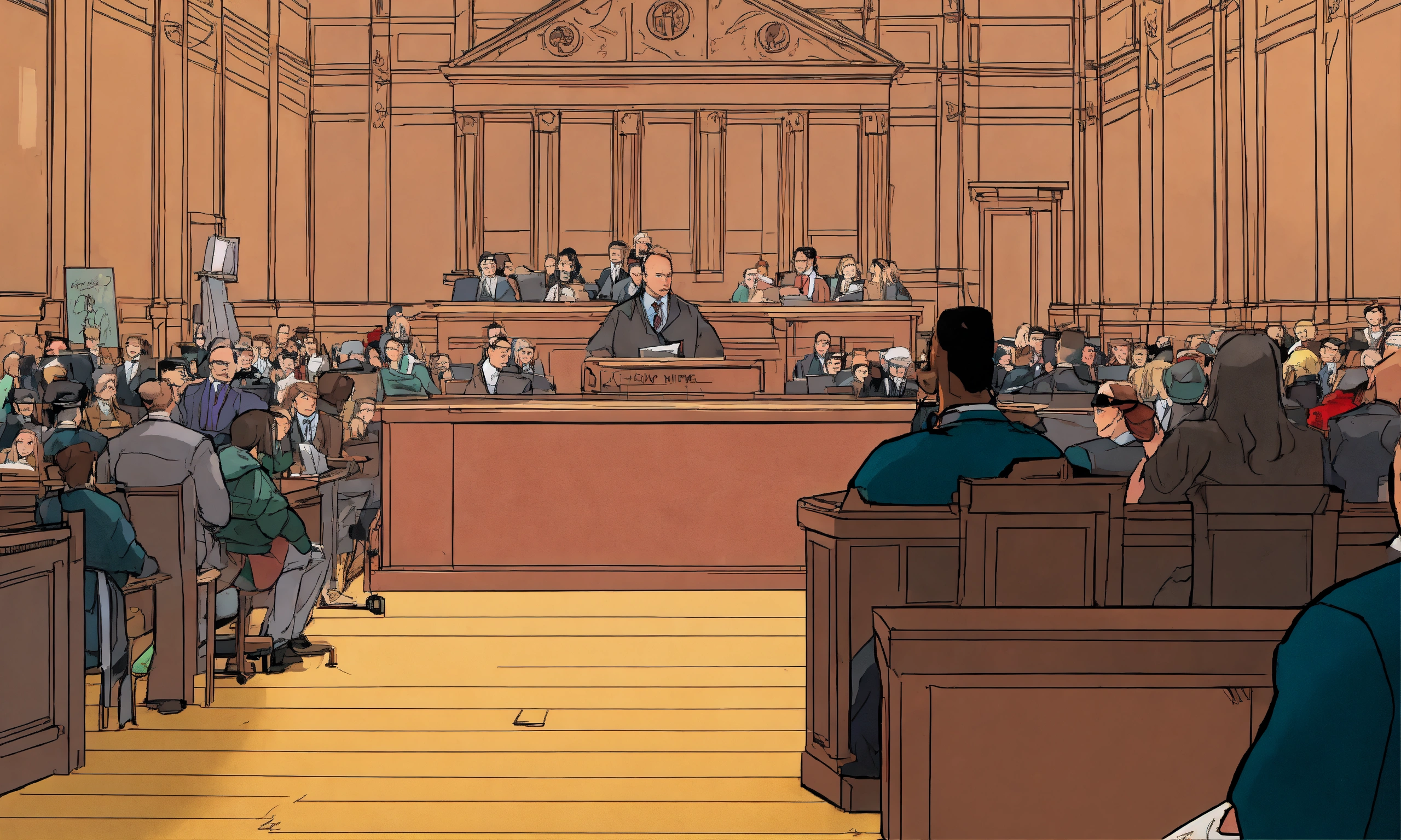 Lexica - Comic drawing of a person on trial in a courtroom with lots of ...