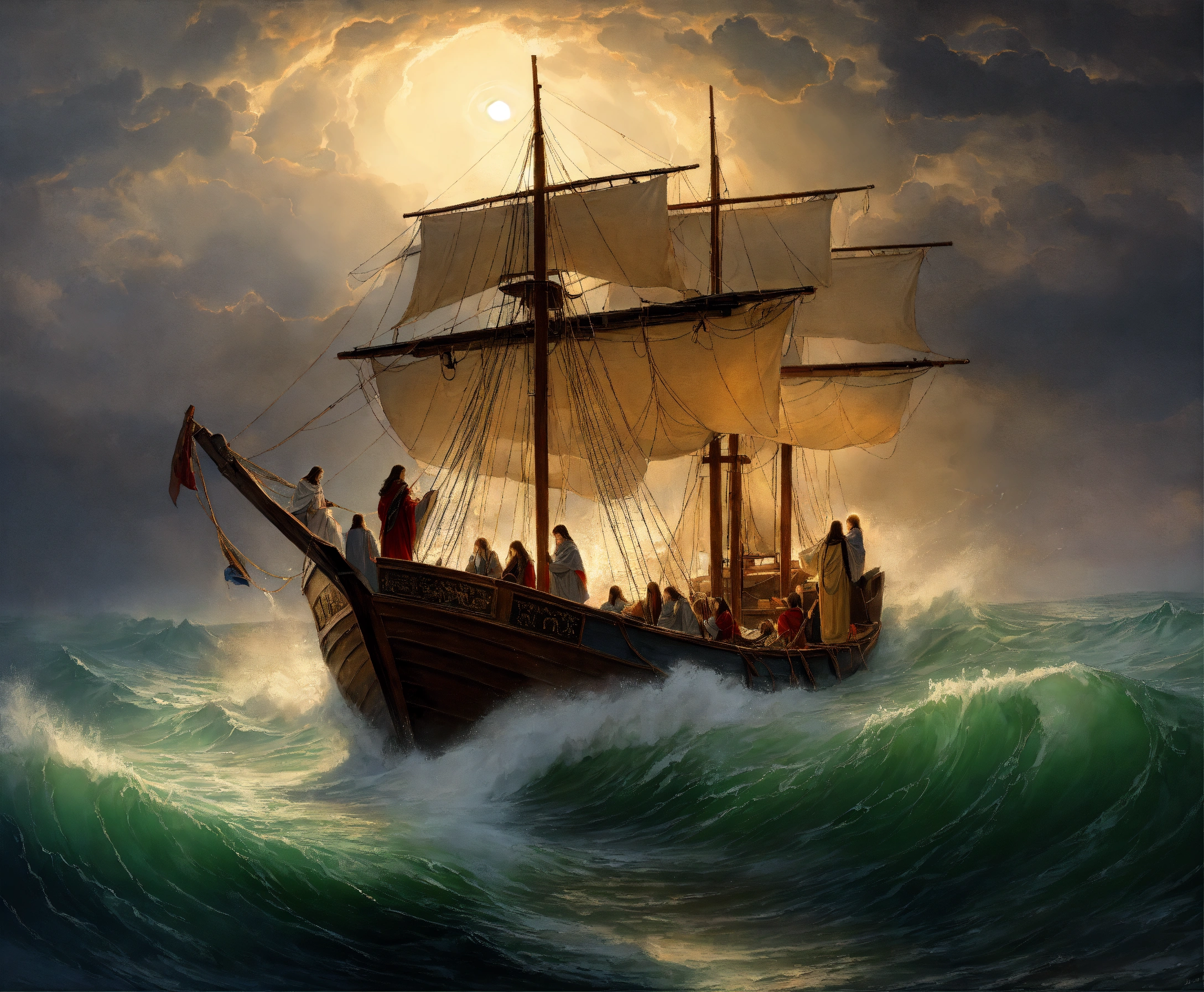 Lexica - Jesus Christ with a halo, raging storm, torrential rain, waves ...