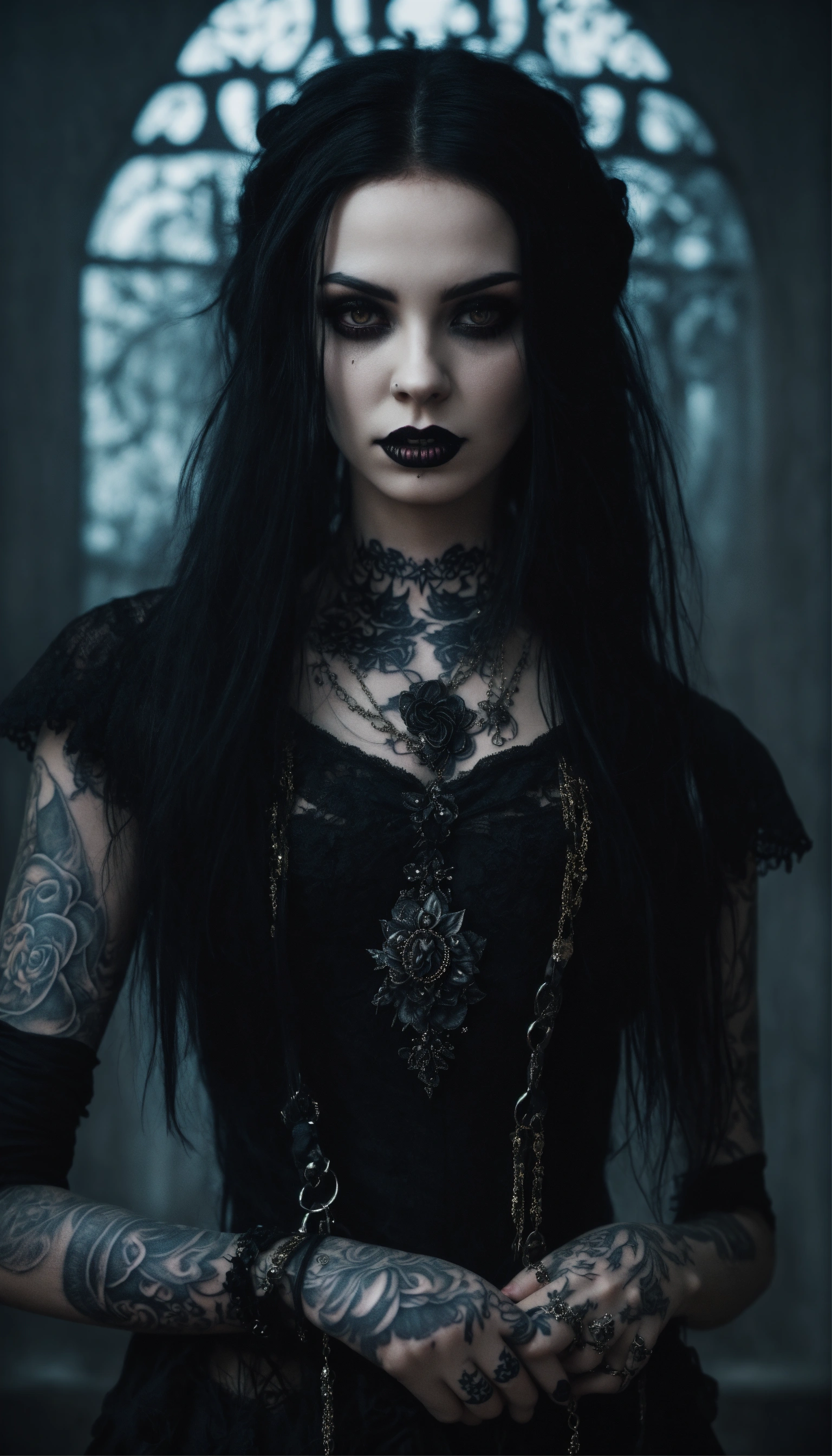 Lexica - A scary girl, full body, pale skin, long crazy black hair ...