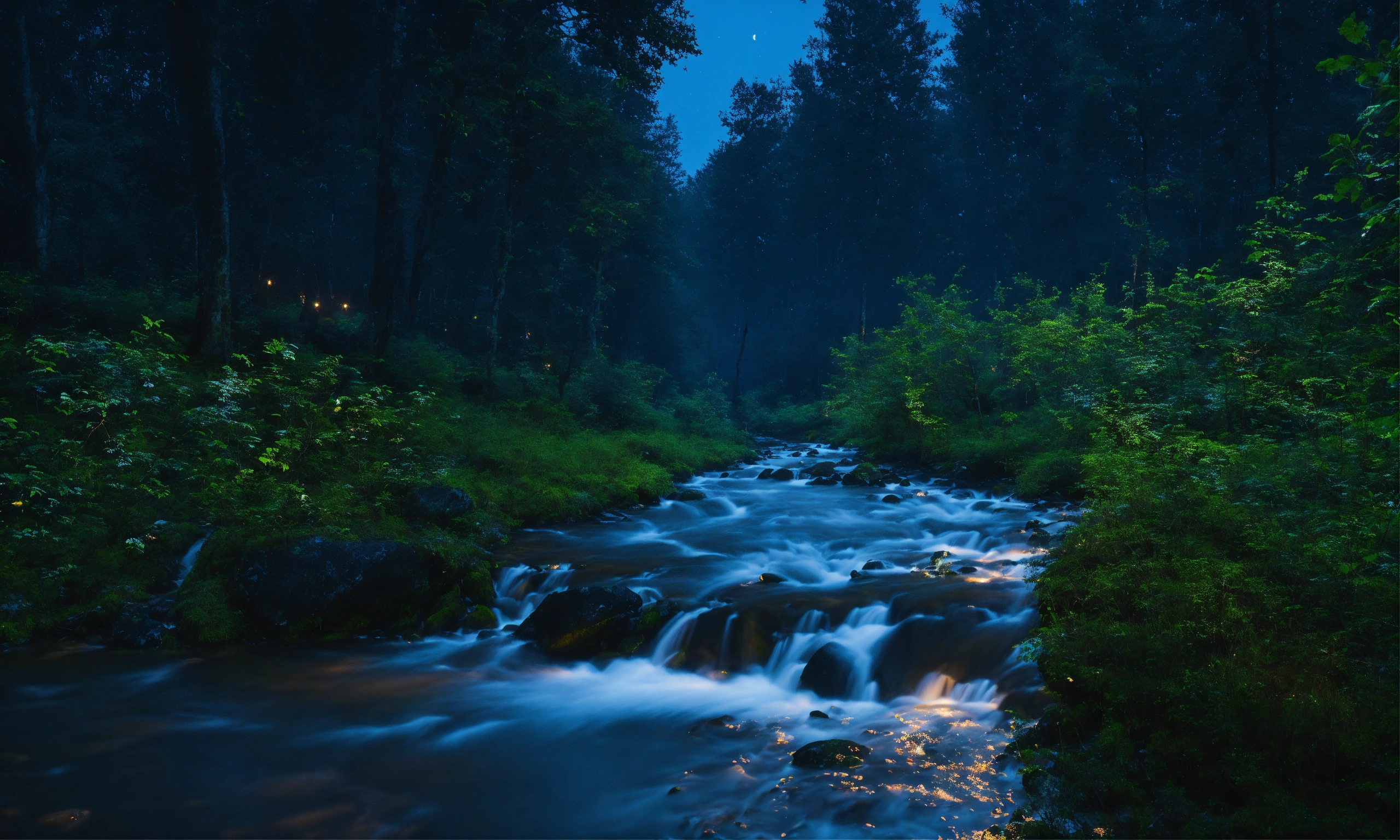 Lexica - Beautiful gentle creek in the dense forest at night