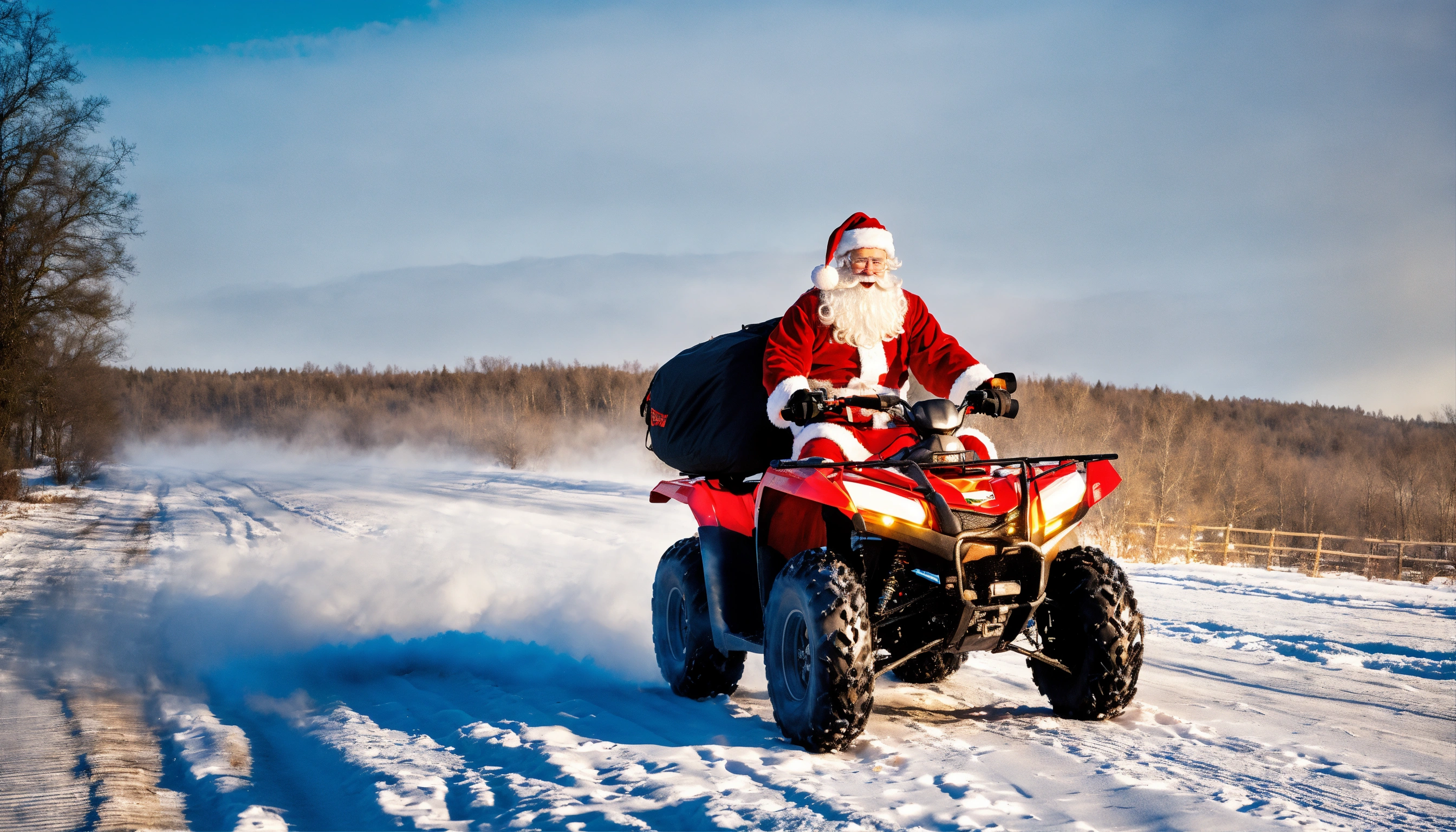 Lexica - Santa Claus with big sack bag rides along a snowy road on an ...