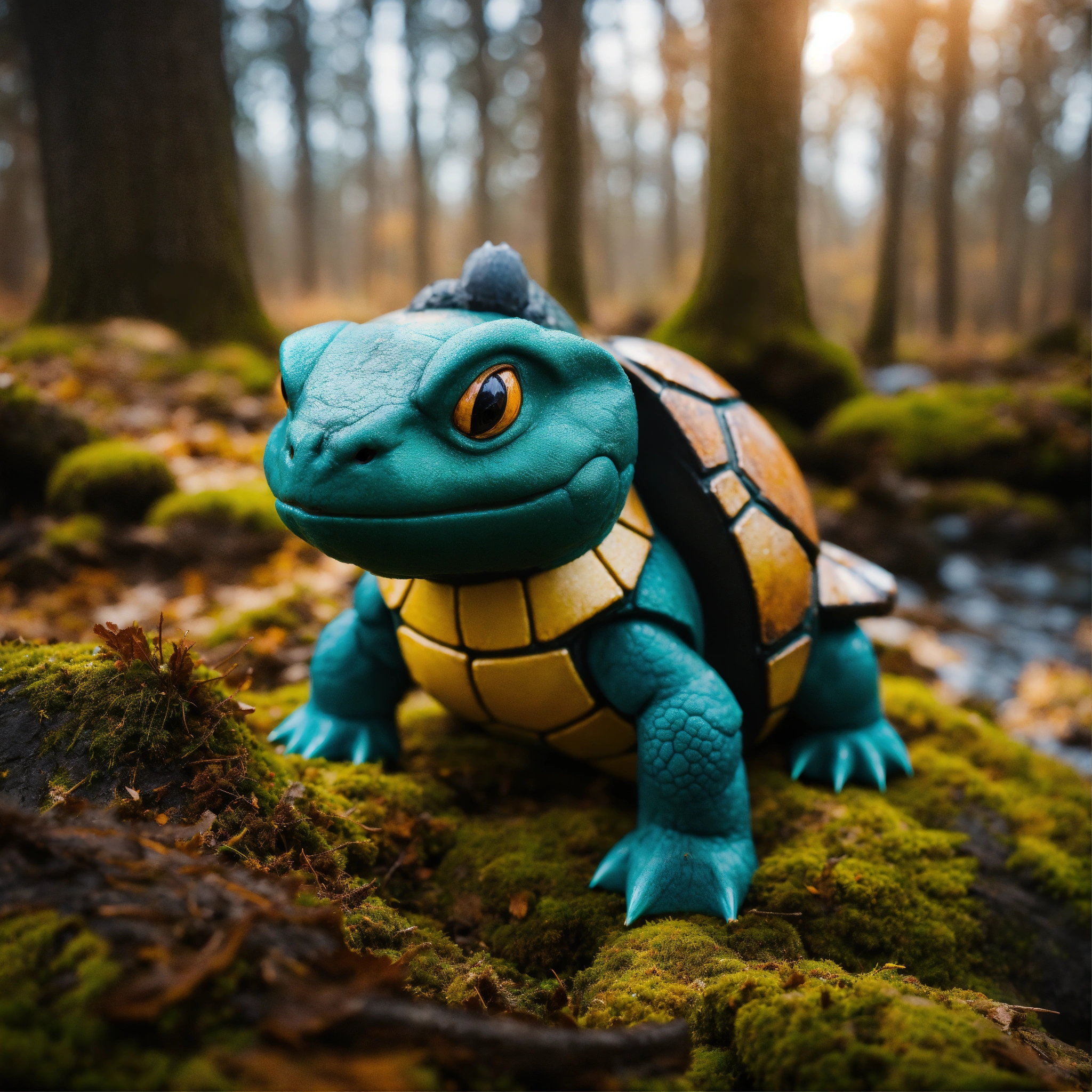Lexica - A realistic blastoise animal among the trees, forest lake ...