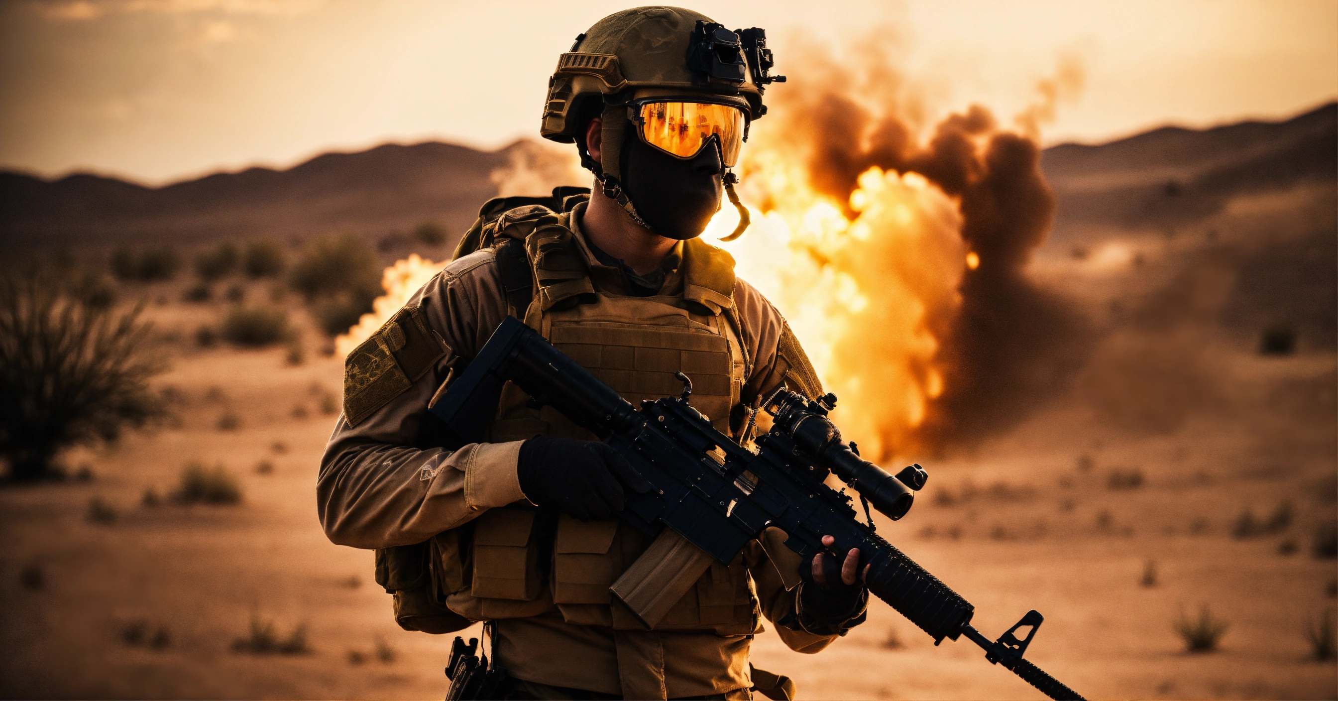 Lexica - Portrait of a lone solder with an AR-15 in the desert ...
