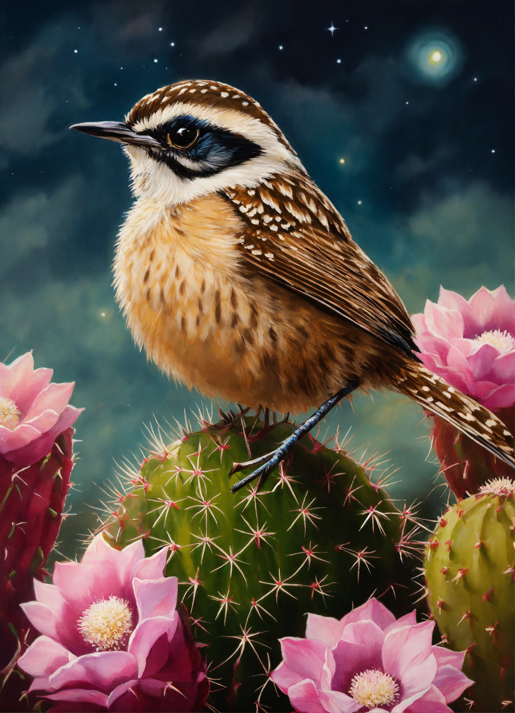 Lexica - Arizona state bird cactus wren on cactus flower painting art ...