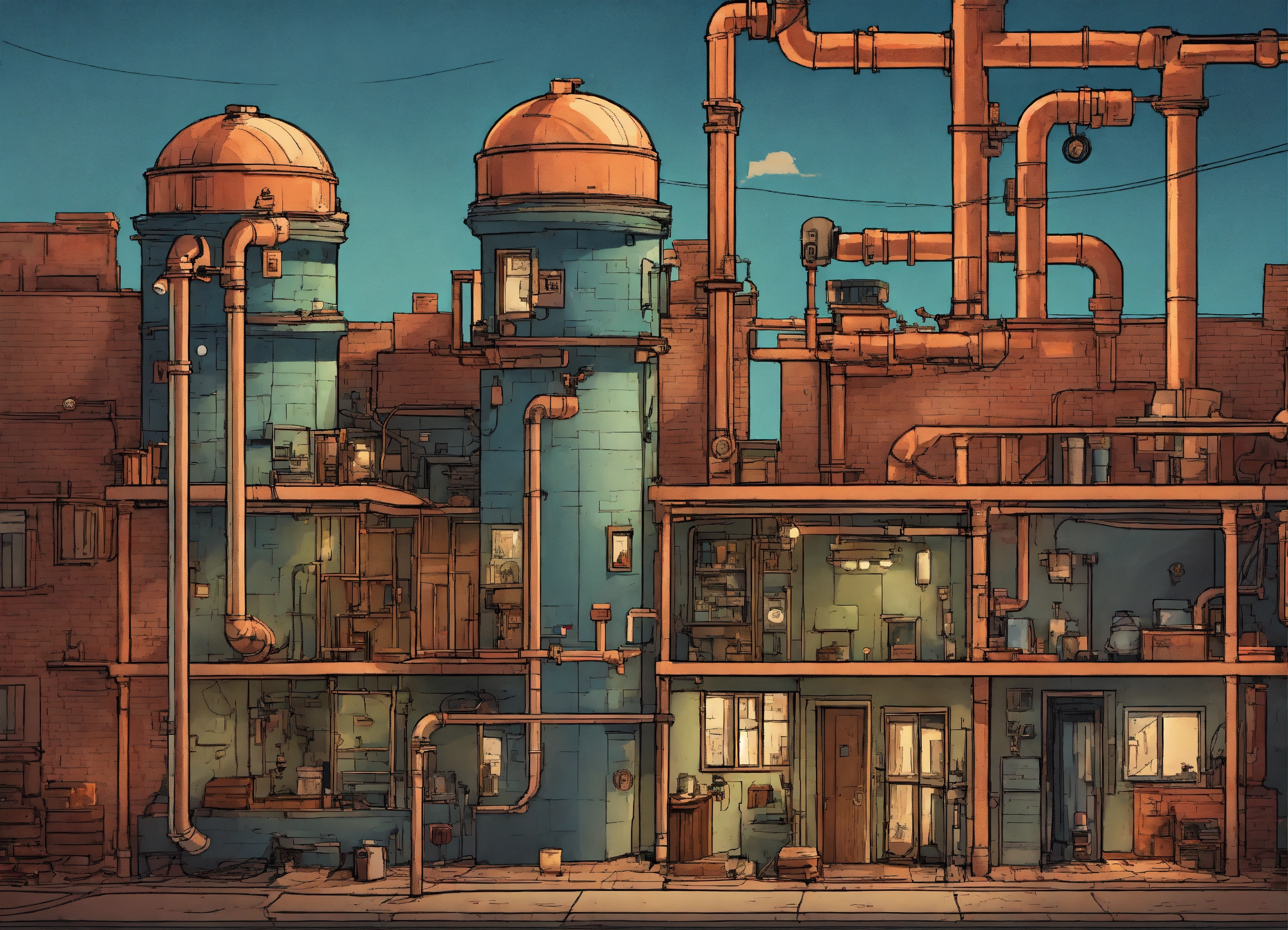 Lexica - A profile of a property where you see the pipes. comic style