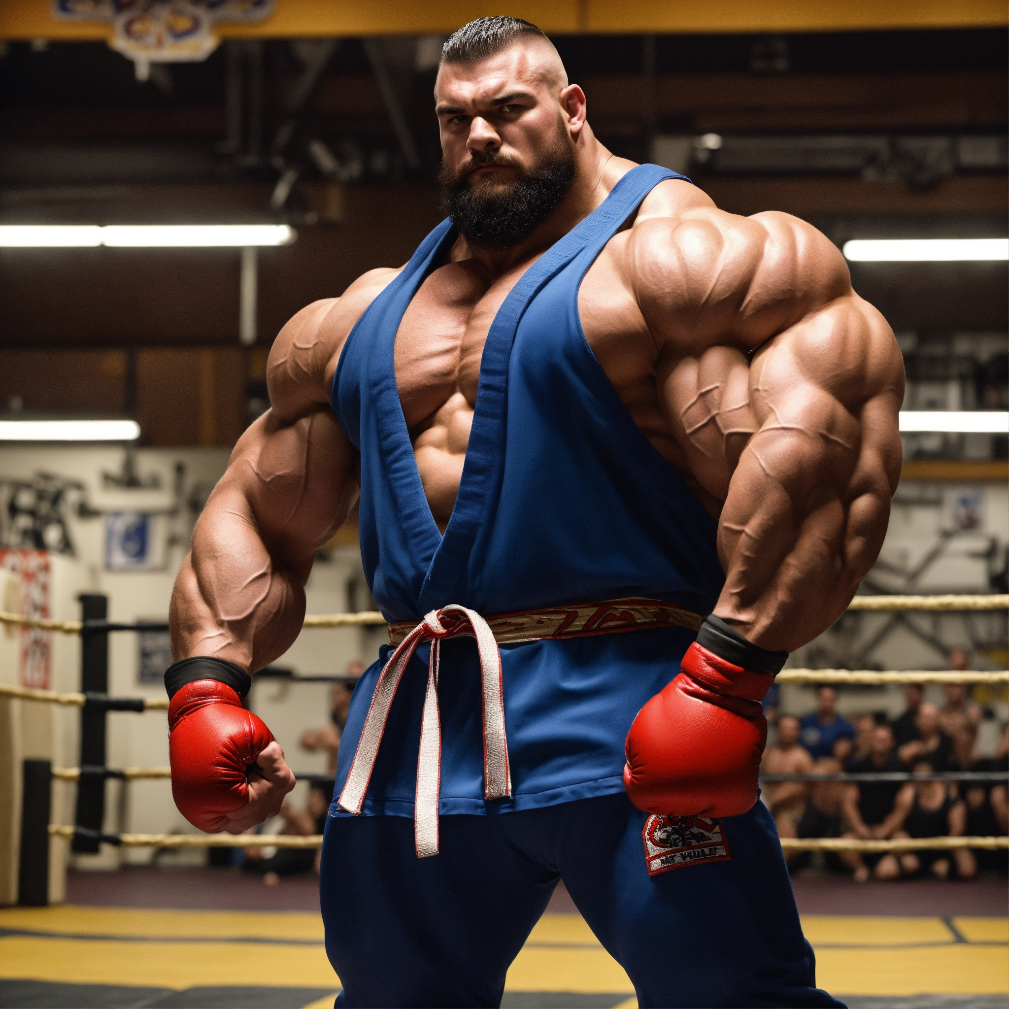 Lexica - 30-year-old wrestler with big muscles in a dojo, bodybuilder, big, martial artist, Vega ...