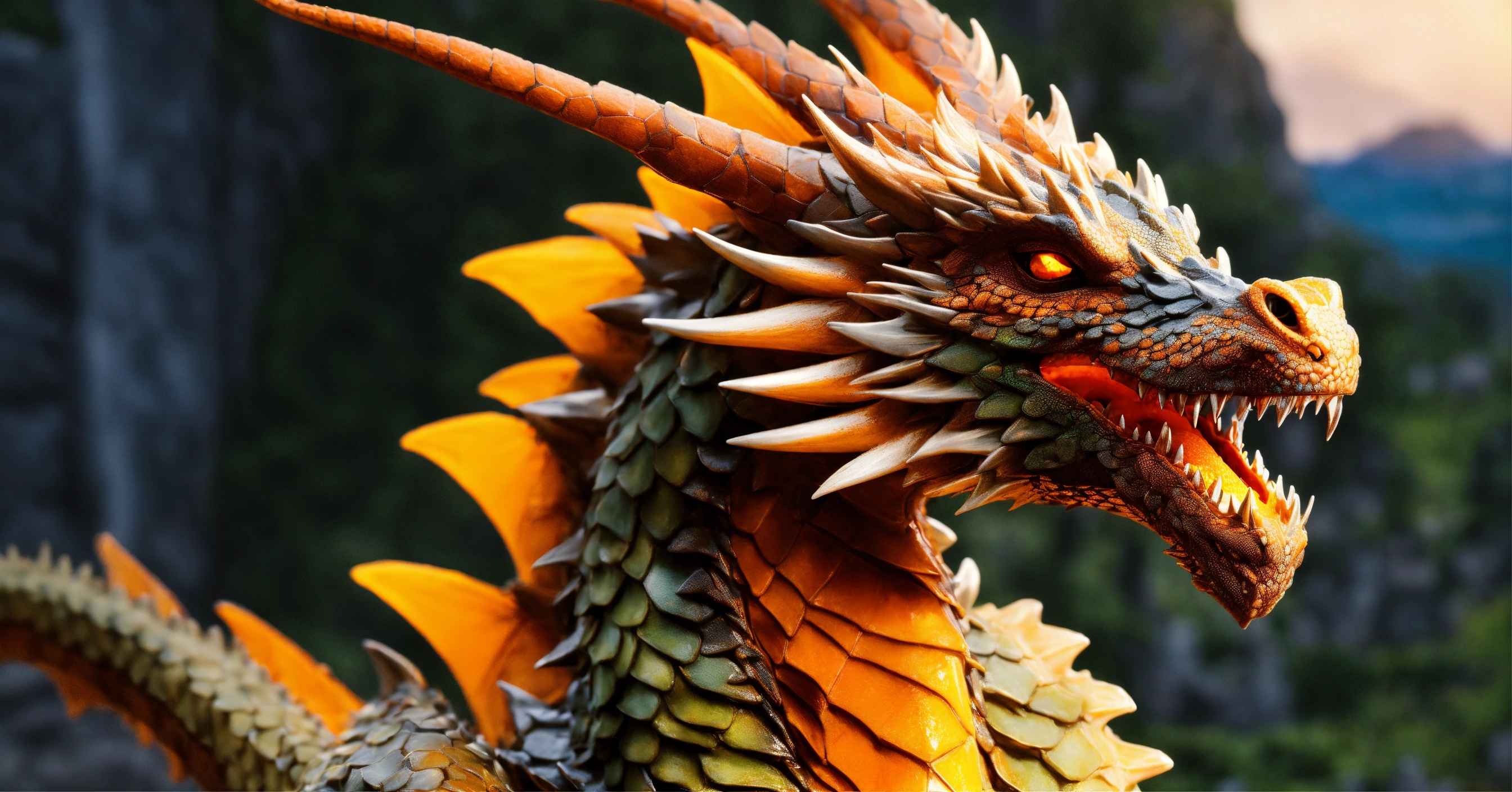 Lexica - Stunning, lifelike dragon with orange (HEX = FF5500) features.